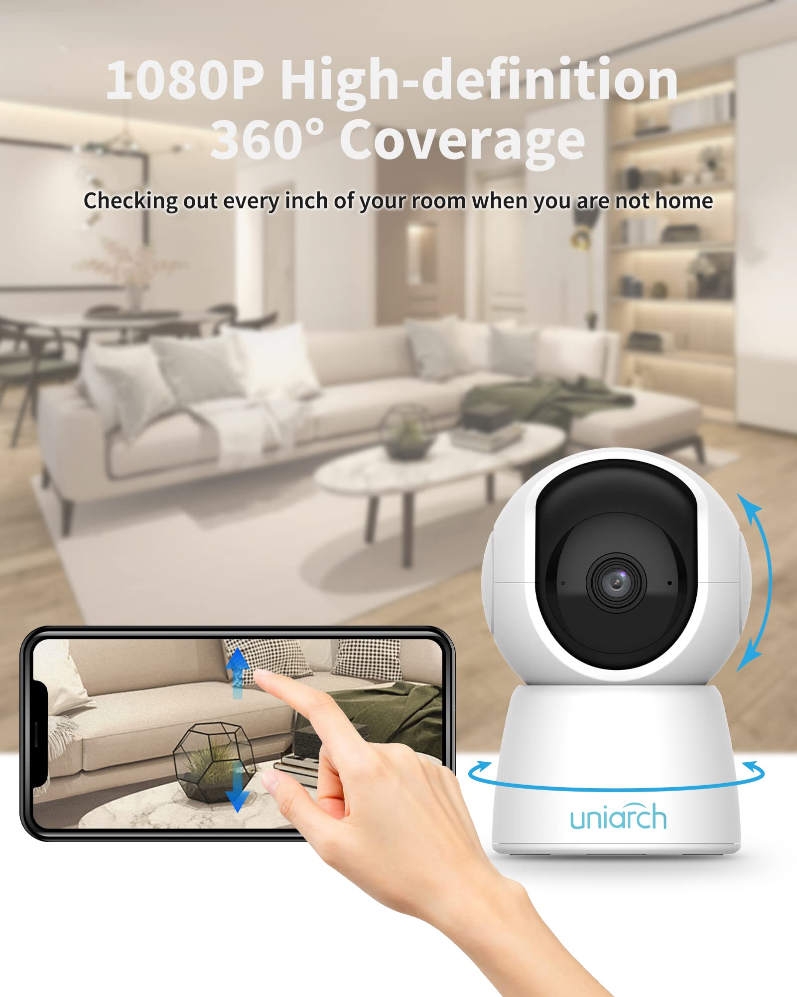 uniarch Indoor Security Camera Pan/Tilt 1080P, 360 Degree Home Camera with App, Night Vision, Smart Motion Detection Auto Tracking, 2-Way Audio Pet Camera for Baby/Elder/Pet (S2E Only)