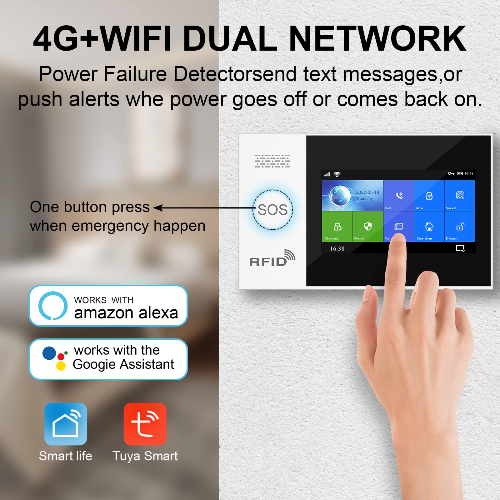 TZJZ Home Alarm System -DIY Wireless 4G WiFi Burglar Alarm System kit with APP- Compatible with Alexa & Google Assistant-4.3 inch Touch Screen Panel(NO Monthly Fees+4G+WiFi)