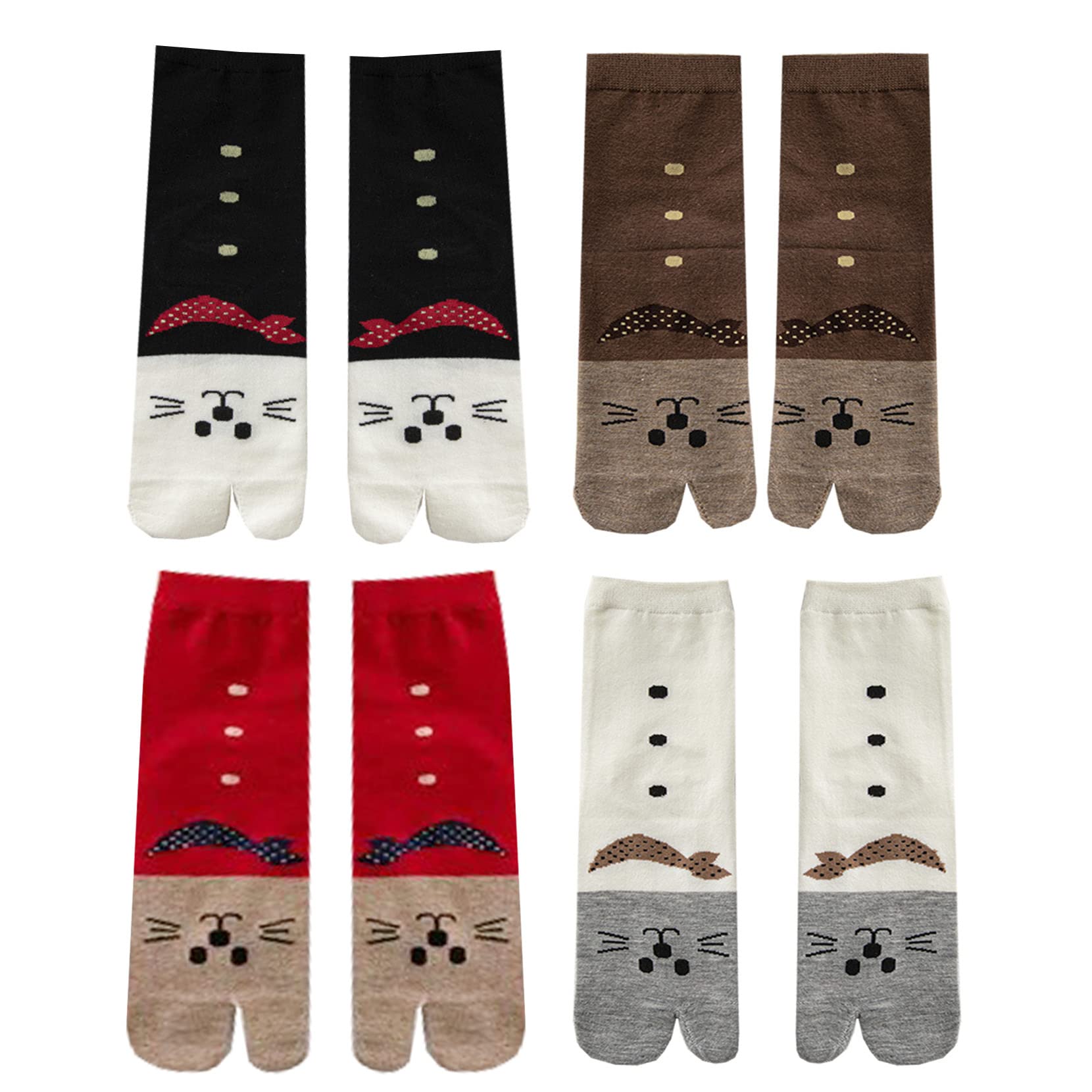 PaperMore Cute Cat Flip-Flop Socks Split Toe Tabi Socks Ninja Geta Socks 4-Pairs Pack Stylish Women Tabi Socks, White, 7.5-8 (5-10)
