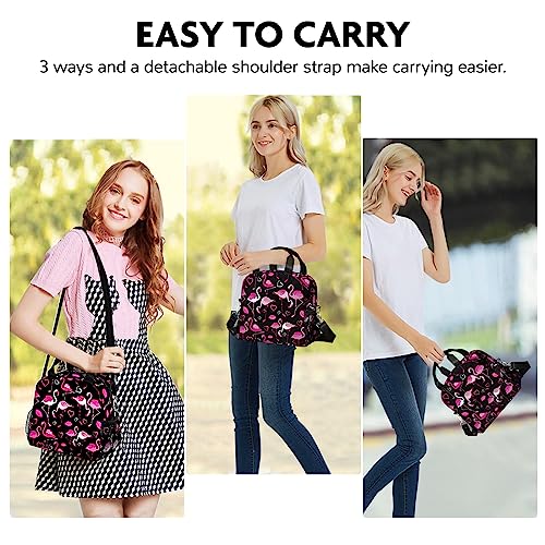 Wuetduz Pink Flamingo Insulated Lunch Bag for Women Men, Large Capacity Portable Cooler Lunch Tote with Adjustable Shoulder Strap and Side Pockets, Reusable Meal Prep Bag for Work School