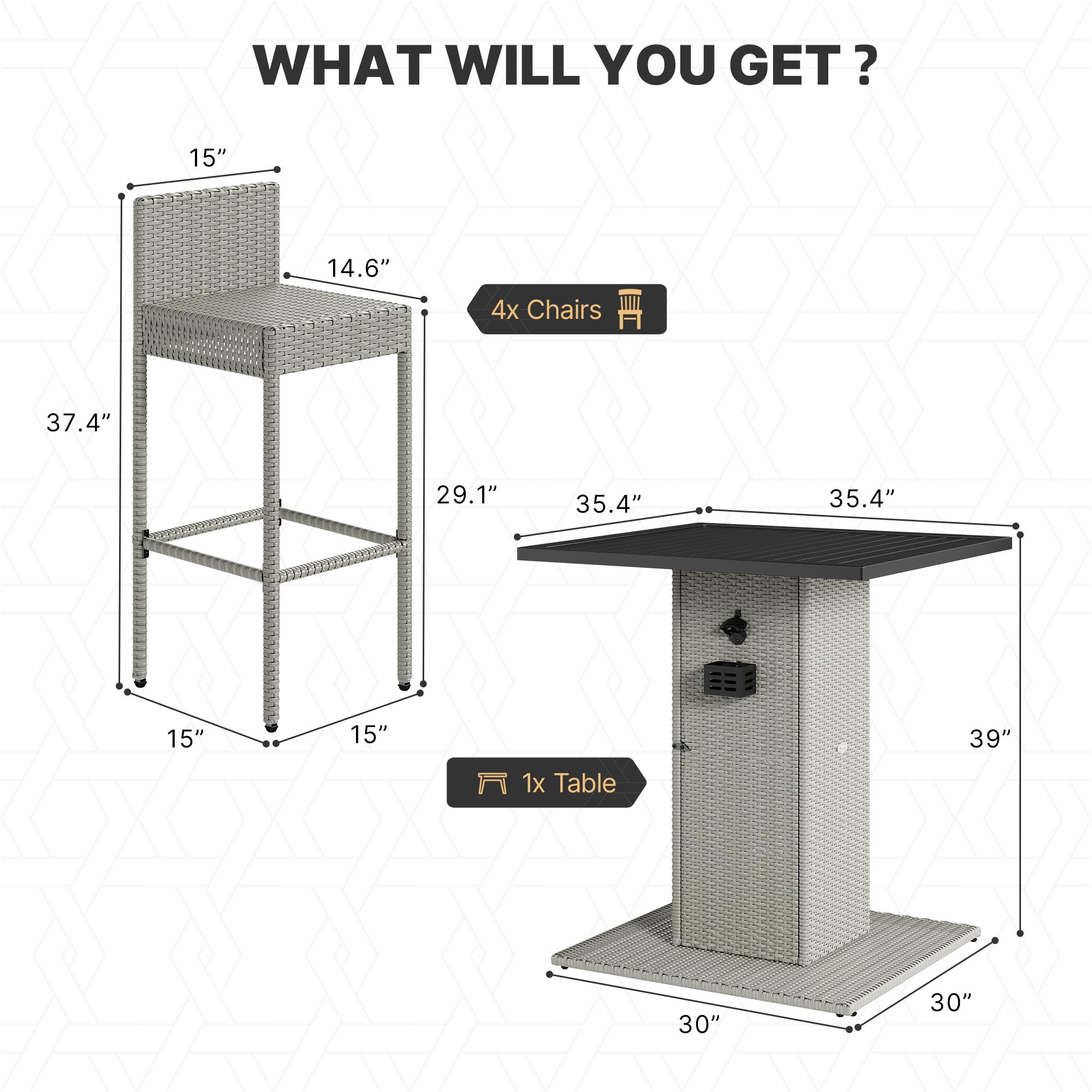 YITAHOME 5-Piece Outdoor Wicker Bar Set with Built-in Bottle Opener, Storage Shelf & Metal Tabletop, 4 Stools with Backrest for Patios, Backyards, Gardens, Poolside, Porches, Gray