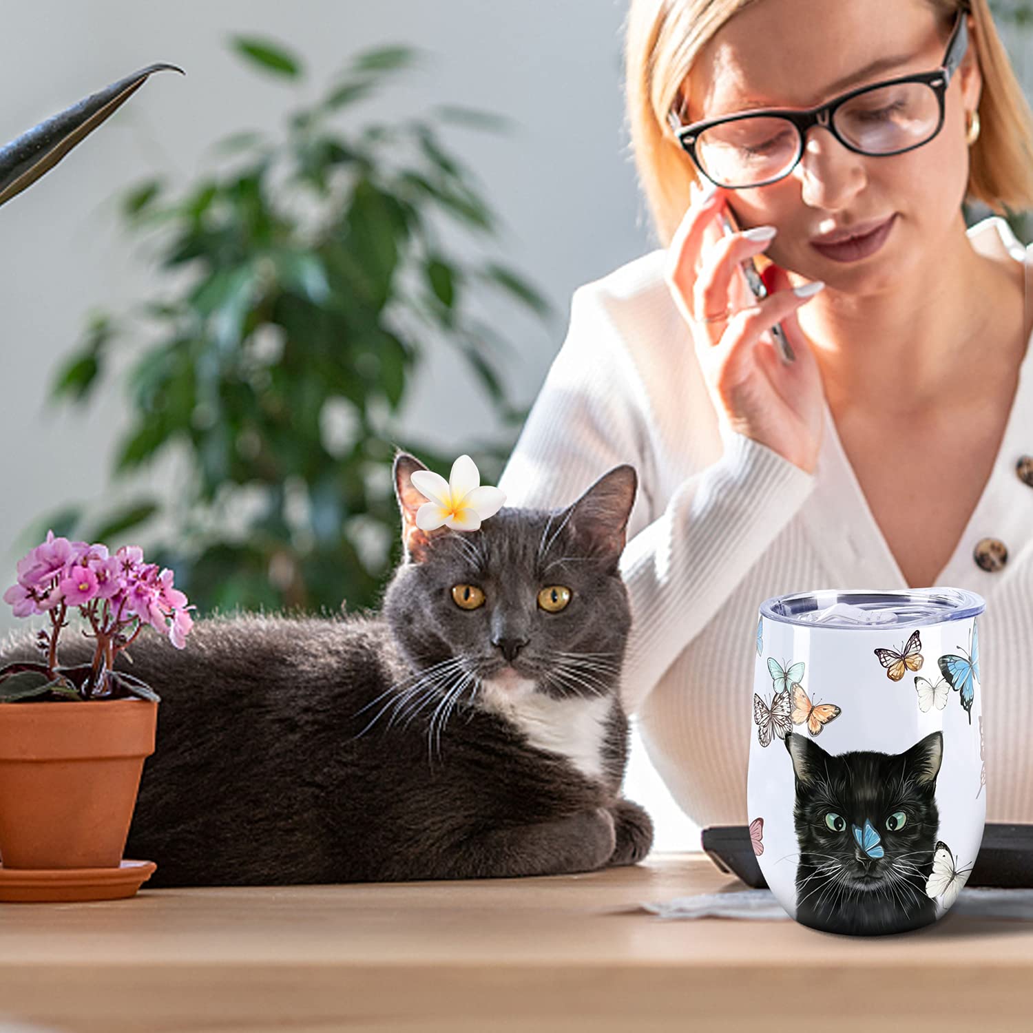 NymphFable 12oz Cat Cup Wine Tumbler With Straw And Lid Insulated Stemless Wine Glass Stainless Steel Double Wall