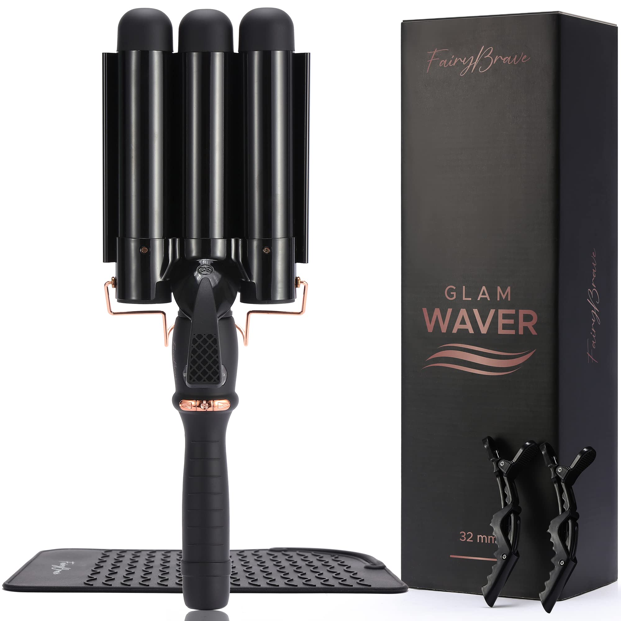 Large 3 Barrel Curling Iron, Triple Hair Waver & Crimper Wand for Beach Waves, Ceramic Tourmaline with Adjustable Temperature - Glam Waver, Black