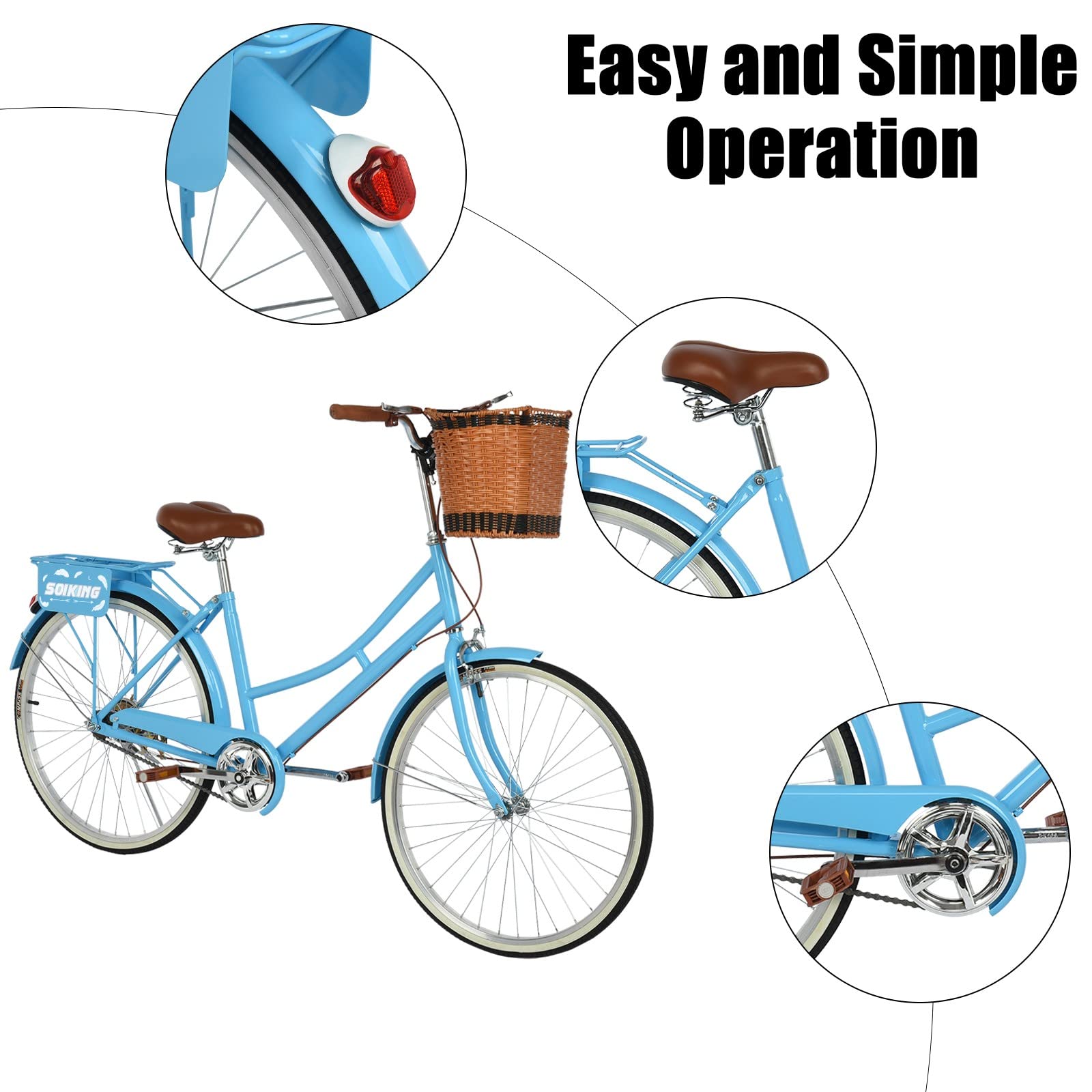 Sky Blue Women's Cruiser Beach Bike, Leisure Bikes, Urban Road Bicyle, Single-Speed, 26inch Wheels, with A Detachable Basket, Rear Frame