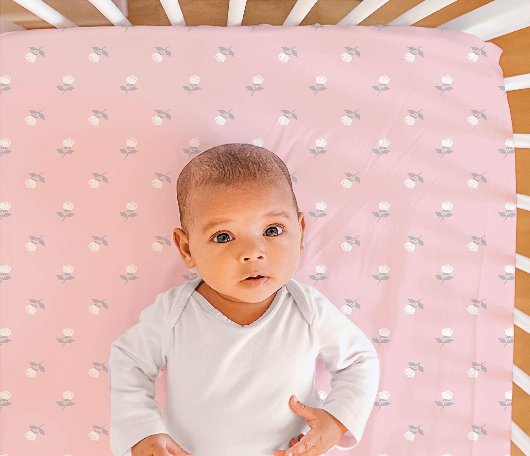 The Peanutshell Celestial Stars and Pink Floral Fitted Crib Sheets for Girls | 6 Pack | Pink, Grey