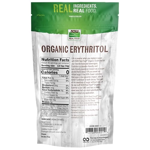 NOW Foods, Organic Erythritol, Pleasant Sweetner for Reduced-Calorie and Sugar-Free Recipes, Zero-Calorie, Low Glycemic Impact, 1-Pound (Packaging May Vary)