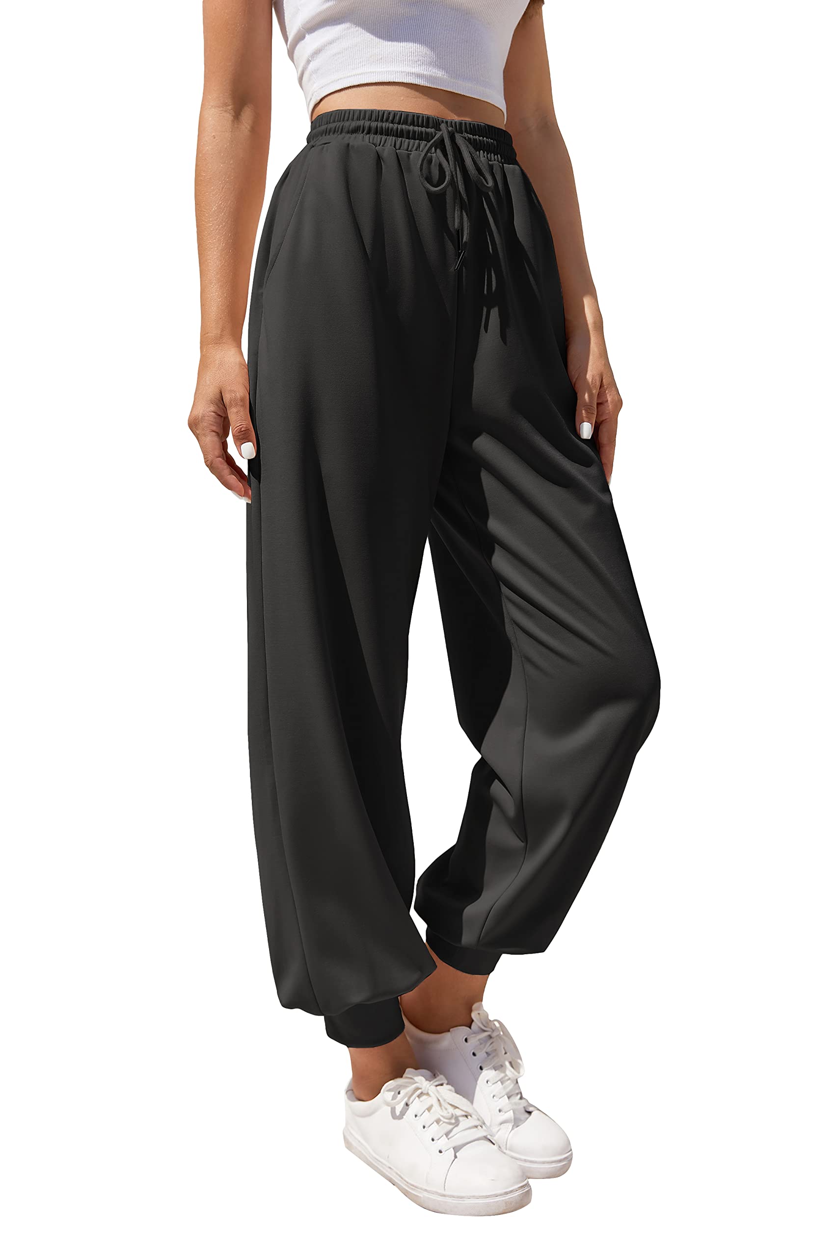 Pelixio Womens High Waisted Sweatpants Cinch Bottom Pants Drawstring Casual Baggy Y2K Trendy Athletic Joggers with Pockets Black