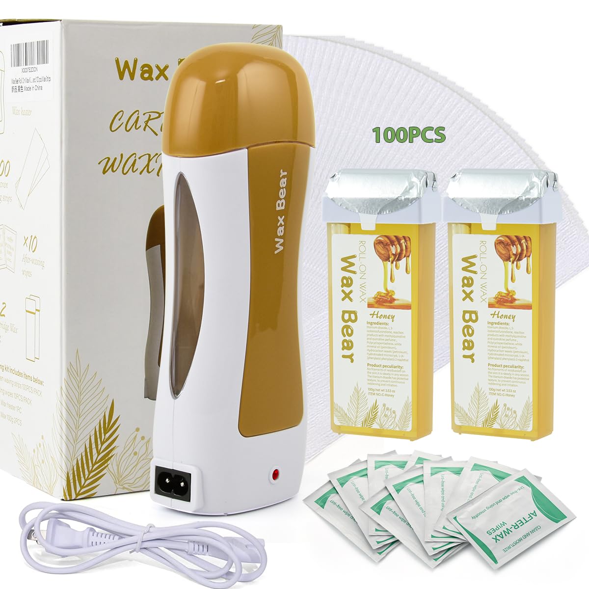 Wax Bear Roll On Depilatory Roller Wax Kit for Sensitive Skin, Soft Wax Heater with 2 Cartridge Refill,10 Wipes and 100 pcs Strips