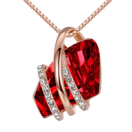 Leafael Wish Stone Pendant Necklace with Ruby Red Birthstone Crystal for January and July, 18K Rose Gold Plated, 18" + 2" Chain