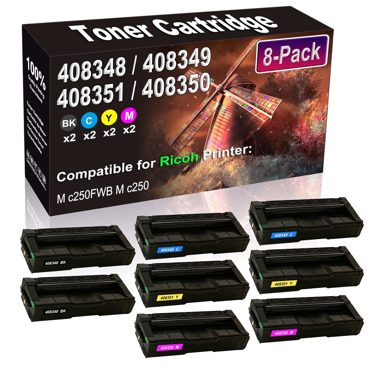 Kolasels 8-Pack (2BK+2C+2Y+2M) Compatible M C250 408348 408349 408351 408350 Toner Cartridge (High Yield) to Used for Ricoh M c250FWB M c250 Printer