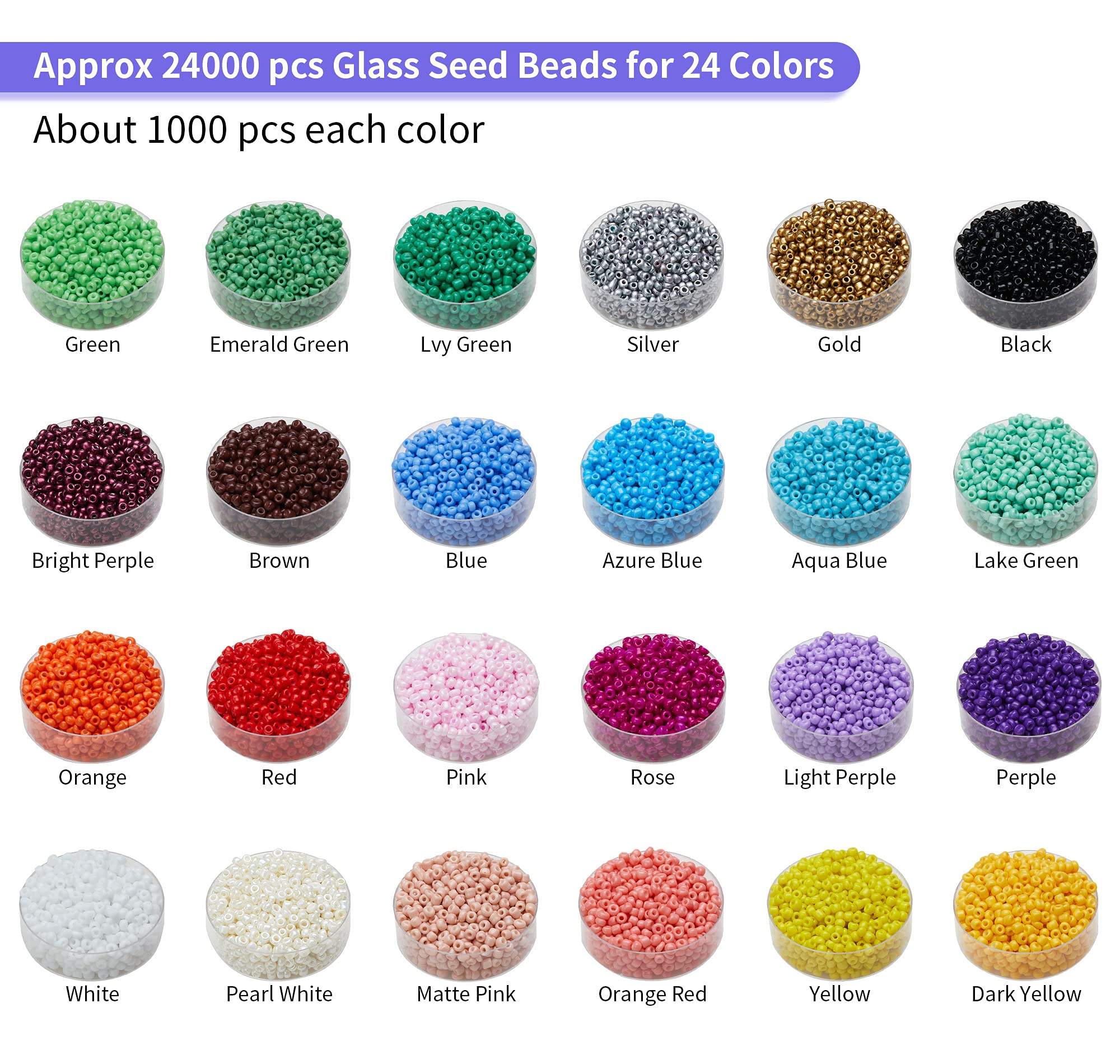 Moloni 2mm Glass Seed Beads for Bracelets, 28800pcs Small Beads for Craft Jewelry Making Kits 12/0 for Kids and Adults (24 Color)