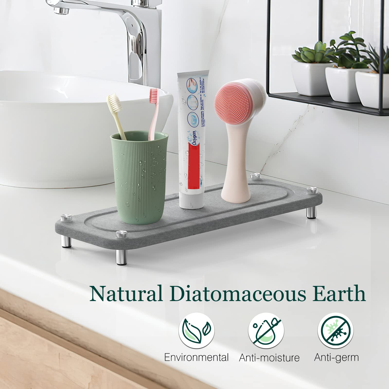 Luxspire Instant Dry Sink Organizer, Gray Diatomaceous Earth Drying Rack, 11" x 7" Rectangular Tray