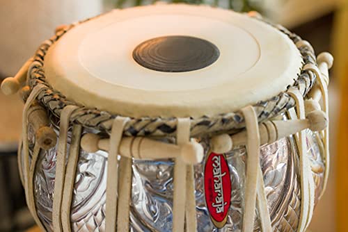 MAHARAJA Concert Tabla Drum Set, 4½ Kg Copper Bayan, Designer, Finest Dayan with Padded Bag, Hammer, Cushions & Cover - Tabla Set Tabla Drums Tablas Indian Musical Instruments (PDI-69)