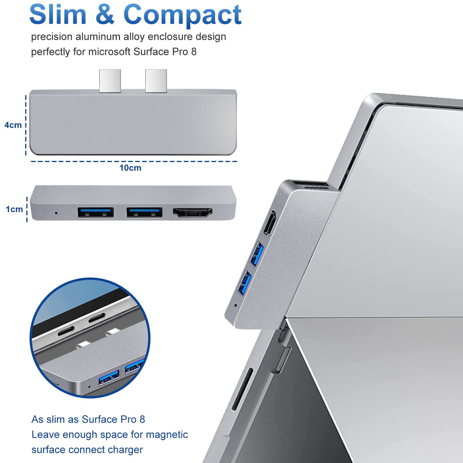 Surface Pro 8/Pro 9/Pro X USB C Hub, 6-in-2 Aluminum Surface Pro 2021 Dock with 4K HDMI Adapter, USB C Audio & Data Transfer Port , 2 USB 3.0, SD/TF Card Reader, Converter Combo Adaptor