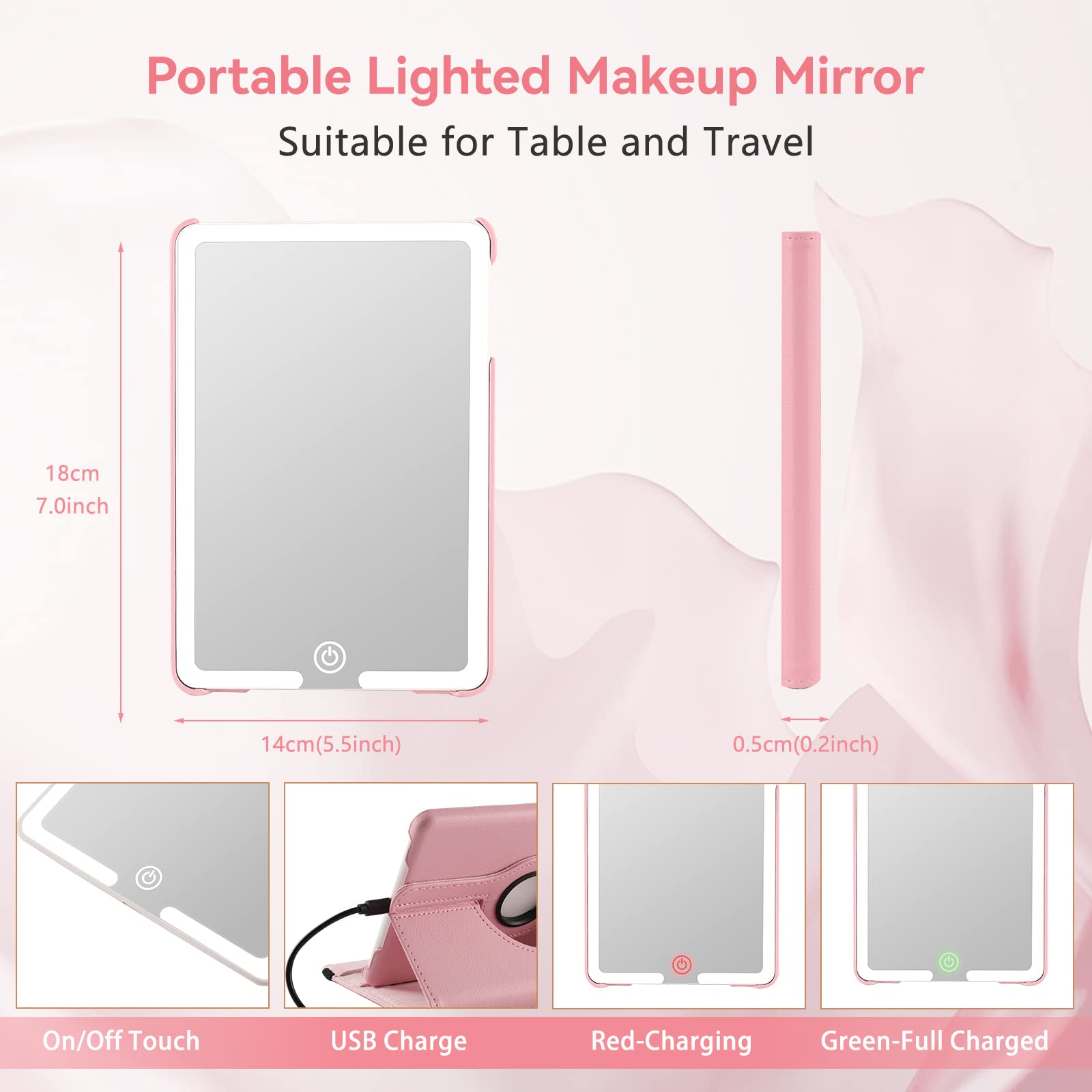 Travel Makeup Vanity Mirror with 72 LEDs ||Drop Protection|| 360° Rotation Lighted Folding Cosmetic Beauty Mirror, Touch Control 3 Colors Light Modes, USB Rechargable, Ultra Thin Tabletop Mirror