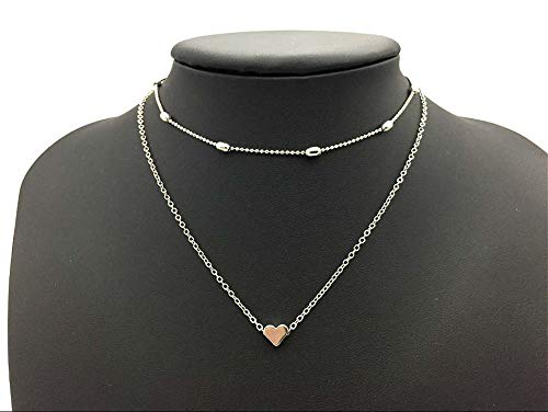 MAIHAO 925 Silver Double Layer Necklace Heart Choker Chunky Chain Bib Necklace Women Jewelry Pendant GF (Silver)