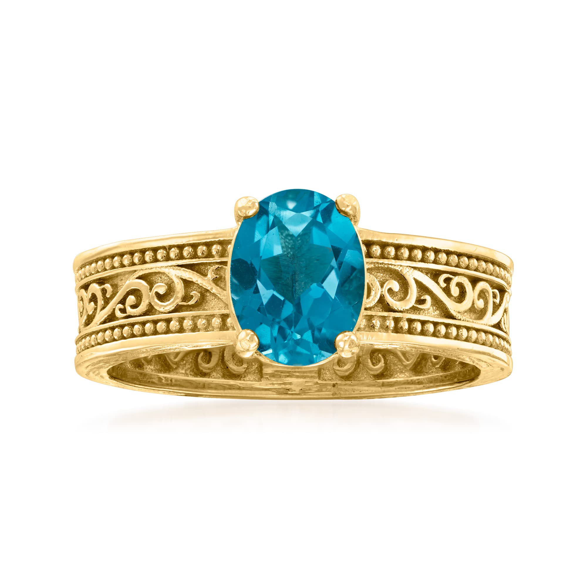 Ross-Simons 1.50 Carat London Blue Topaz Scrollwork Ring in 18kt Gold Over Sterling. Size 8
