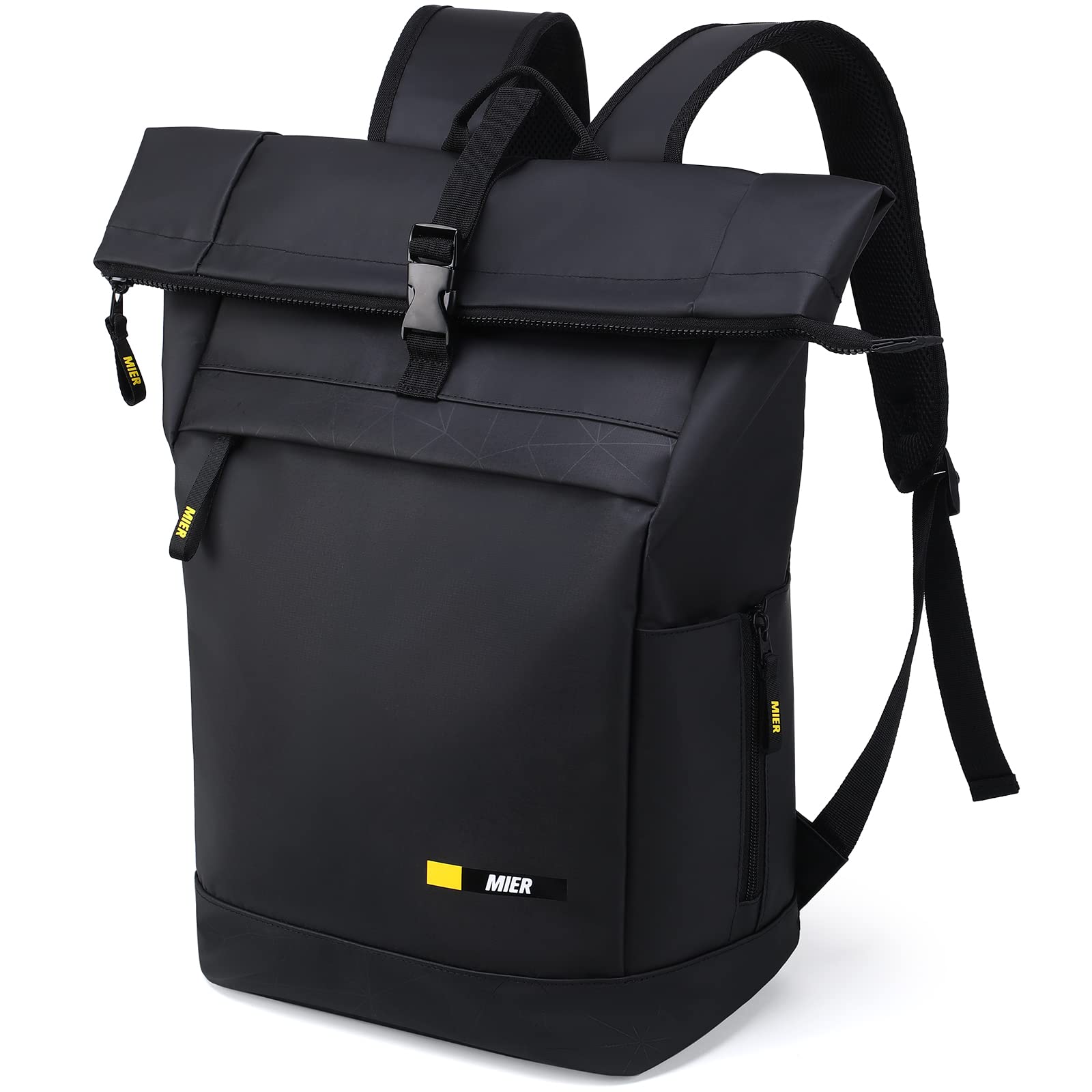 MIER Rolltop Travel Backpack for Men Women Water Resistant Carry on Casual Commuter Back Pack with Multiple Pockets for Work Business College Trip, 23L, Black
