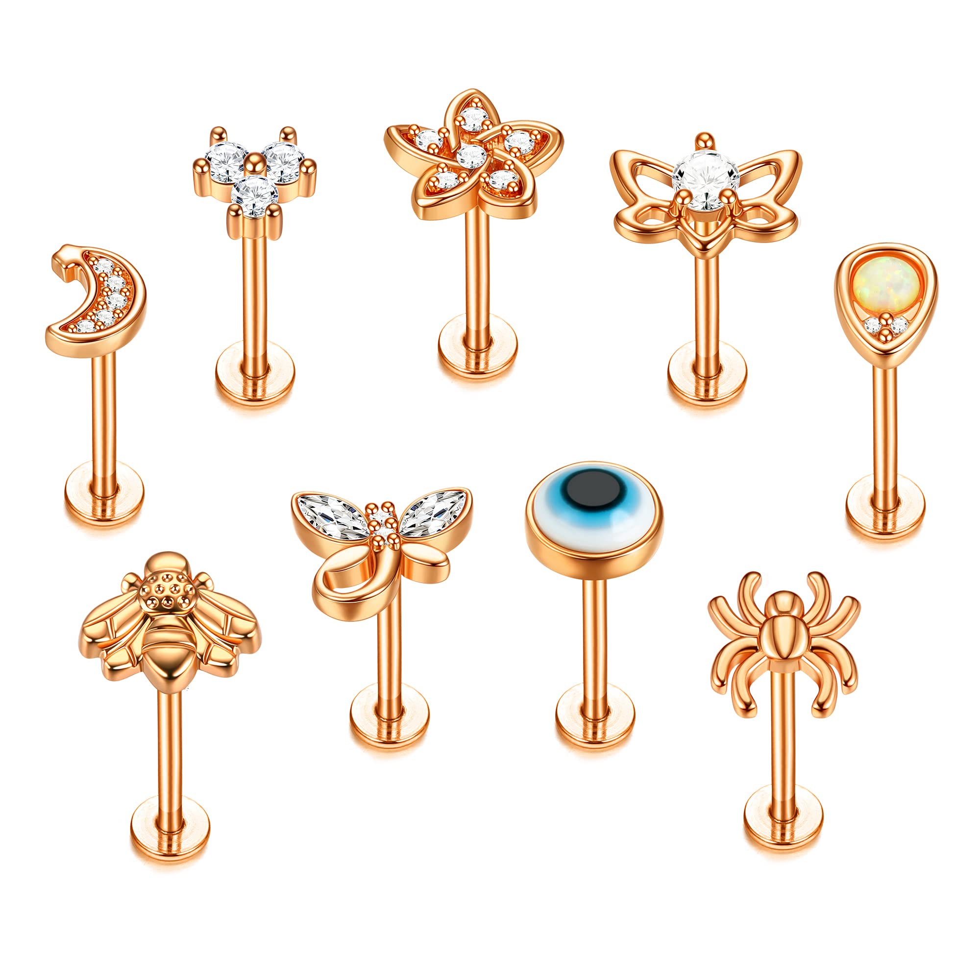 Sanfenly 9PCS 16G Stainless Steel CZ Internally Threaded Labret Monroe Lip Studs Helix Cartilage Tragus Earring Nose Piercing Jewelry