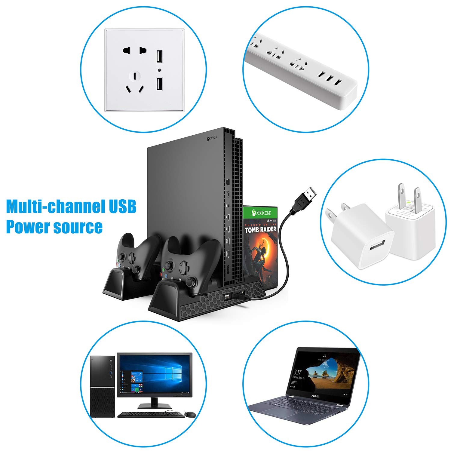 KINGTOP Cooling Stand Compatible with Xbox One/One S/One X, Vertical Cooling Fan with 2 Pack 600mAh Batteries, Games Storage, Dual Controller Charging Station for Xbox One/One S/One X (Black)