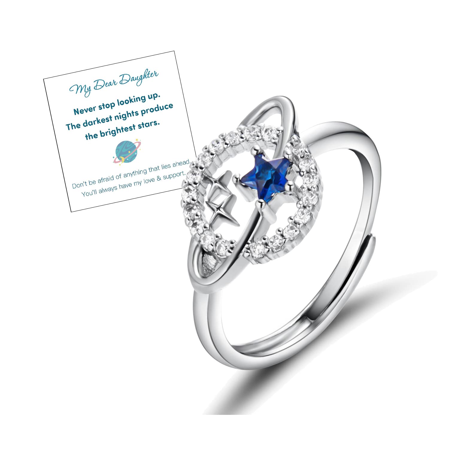 RINHOO Star Rings Halo Ring, Sparkling Cubic Zirconia Planet Stars Ring for Granddaughter, Adjustable Size Material Idea