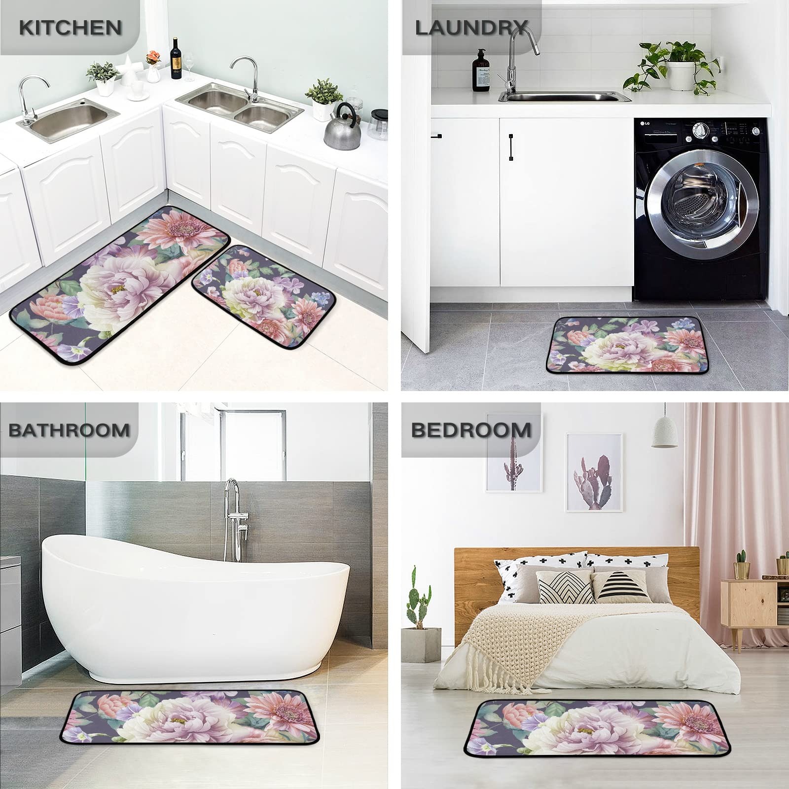 Luxury Purple Peony Peris Flower Kitchen Rugs and Mats 2 Pieces Anti Fatigue Kitchen Rug Set Non-Slip Bath Mat Entry Floor Carpet Entrance Door Mat Runner 20"x28"+20"x47"