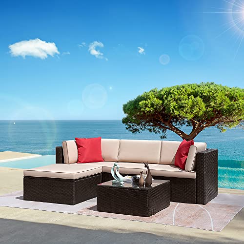Rankok 5 Pieces Patio Furniture Sectional Outdoor PE Rattan Wicker Lawn Conversation Cushioned Garden Sofa Set (Beige) âŚ