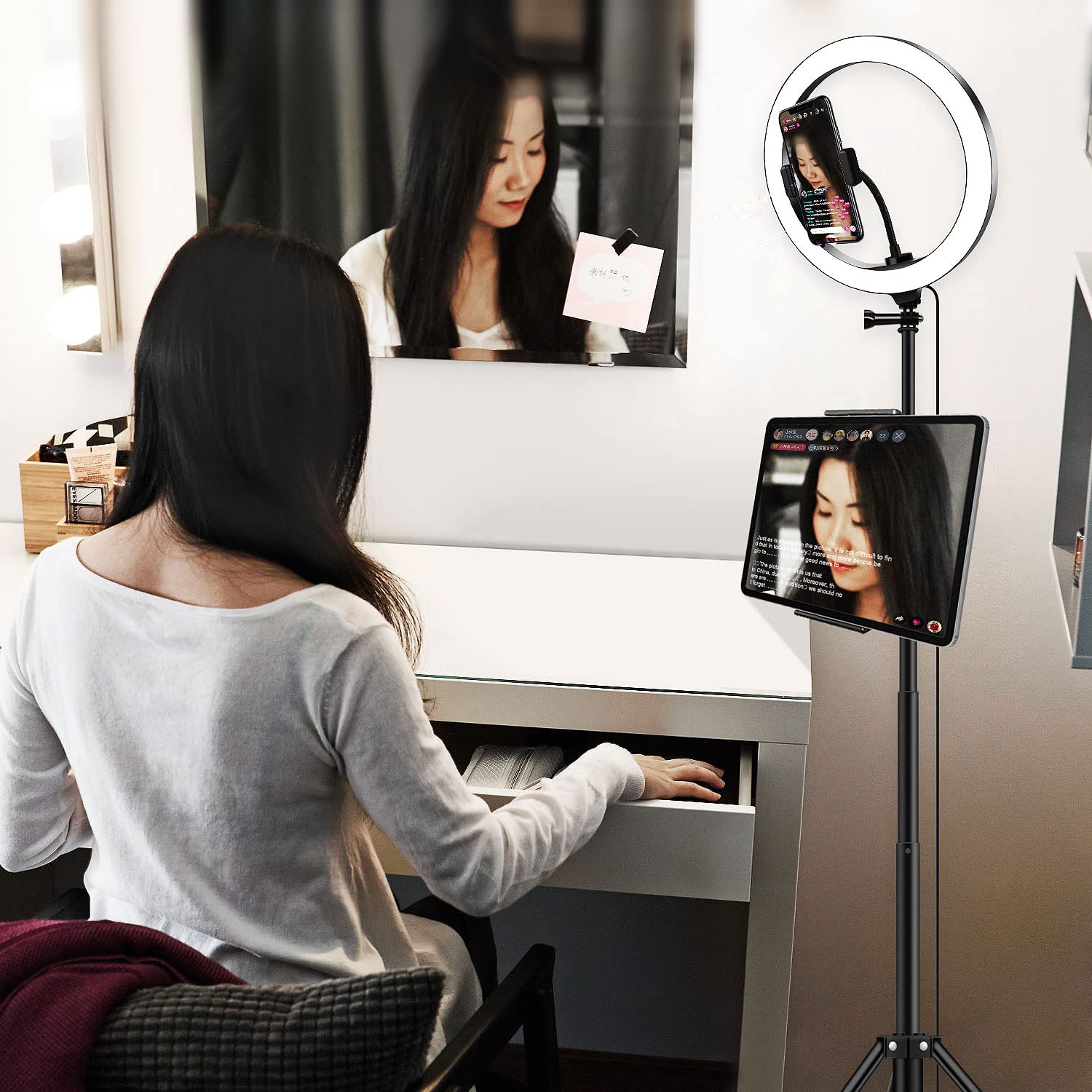 LED Ring Light with Tablet Tripod Stand Kit - 10'' Circle Ringlight with Cell Phone Holeder & Photo Selfie Remote for Tiktok YouTube Video Recording Zoom Meeting Makeup Lighting for iPad iPhone Laptop