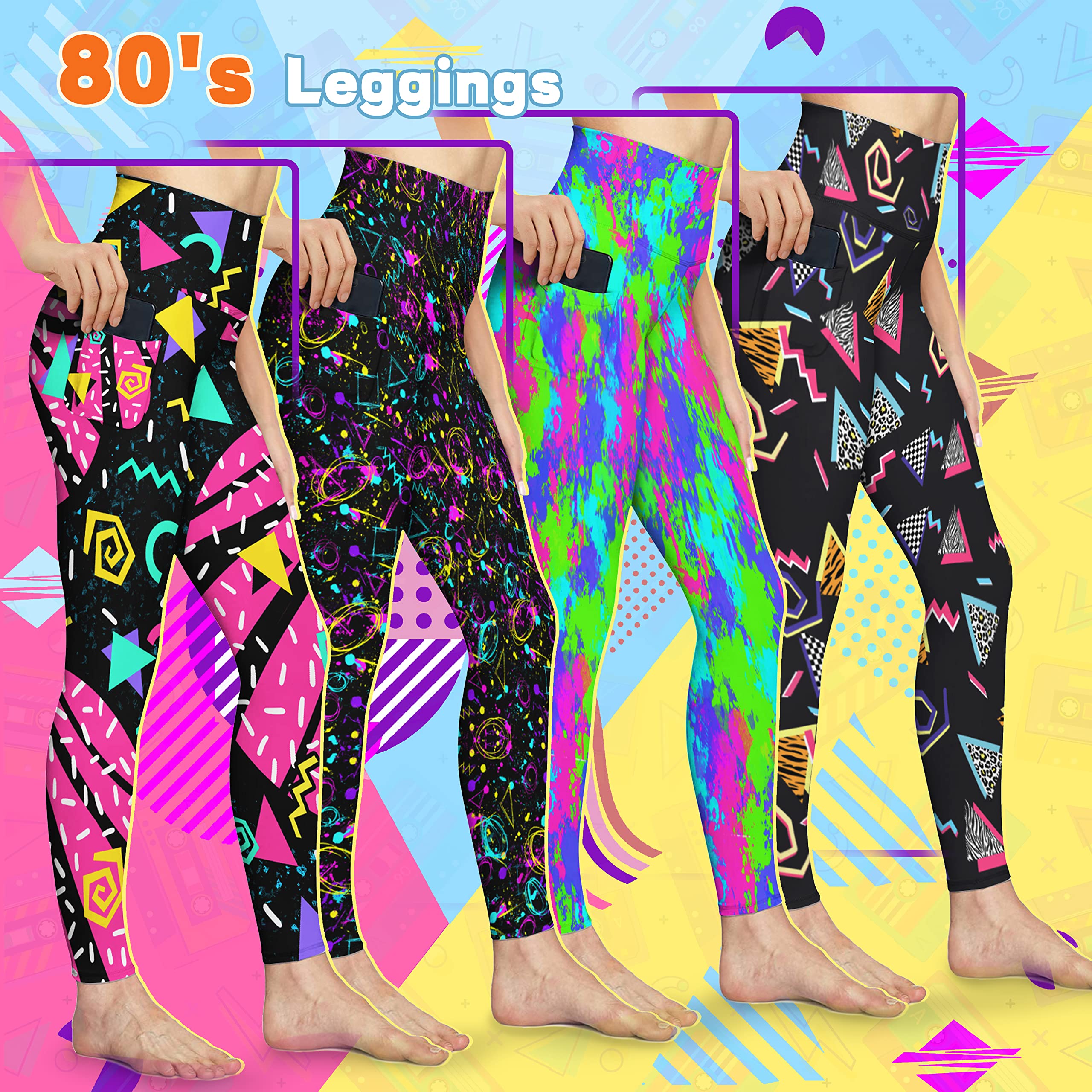 SKYNORA Women's Retro 80s High Waisted Tummy Control Neno Vintage 90s Workout Running Yoga Pocket Pants, Dinosaur, X-Large