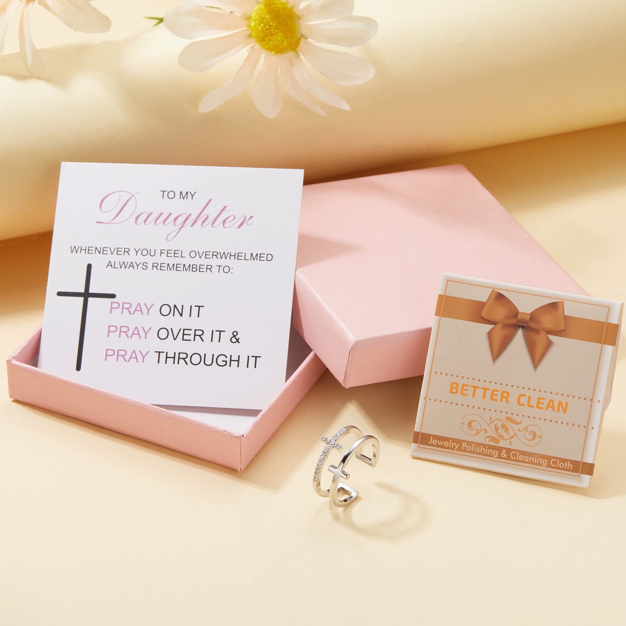 RINHOO To My Daughte Ring-Pray Through It Cross Ring Double Cross Adjustable Baptism Ring Silver Gold CZ Diamond Creative Wedding Commitment Ring for Woman (To My Daughter, Silver)