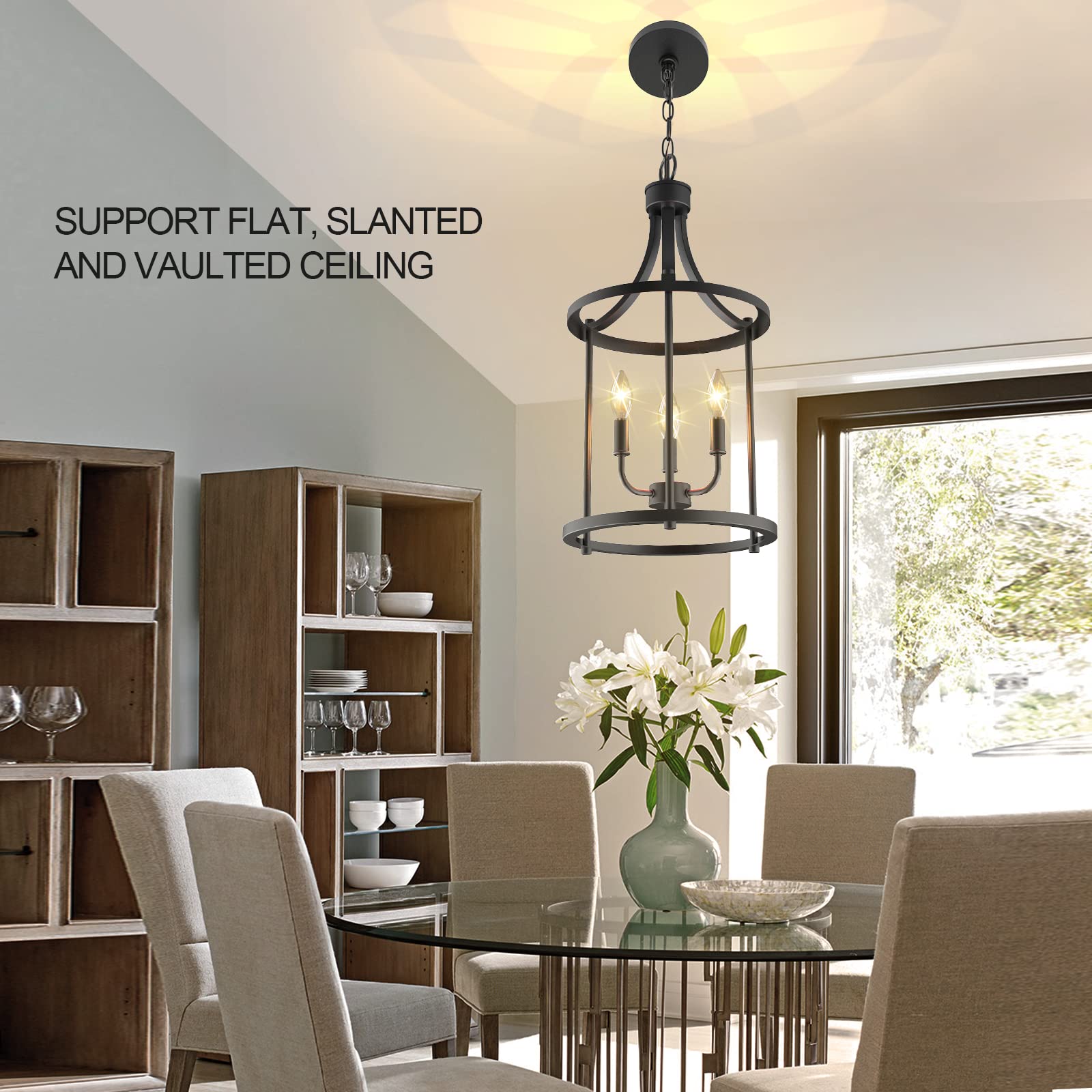 PARTPHONER Farmhouse Chandelier, Dining Room Lighting Fixtures Hanging, Modern Light Fixture Black Lantern Cage,5-Light Pendant Lighting for Kitchen Island, with Adjustable Rods