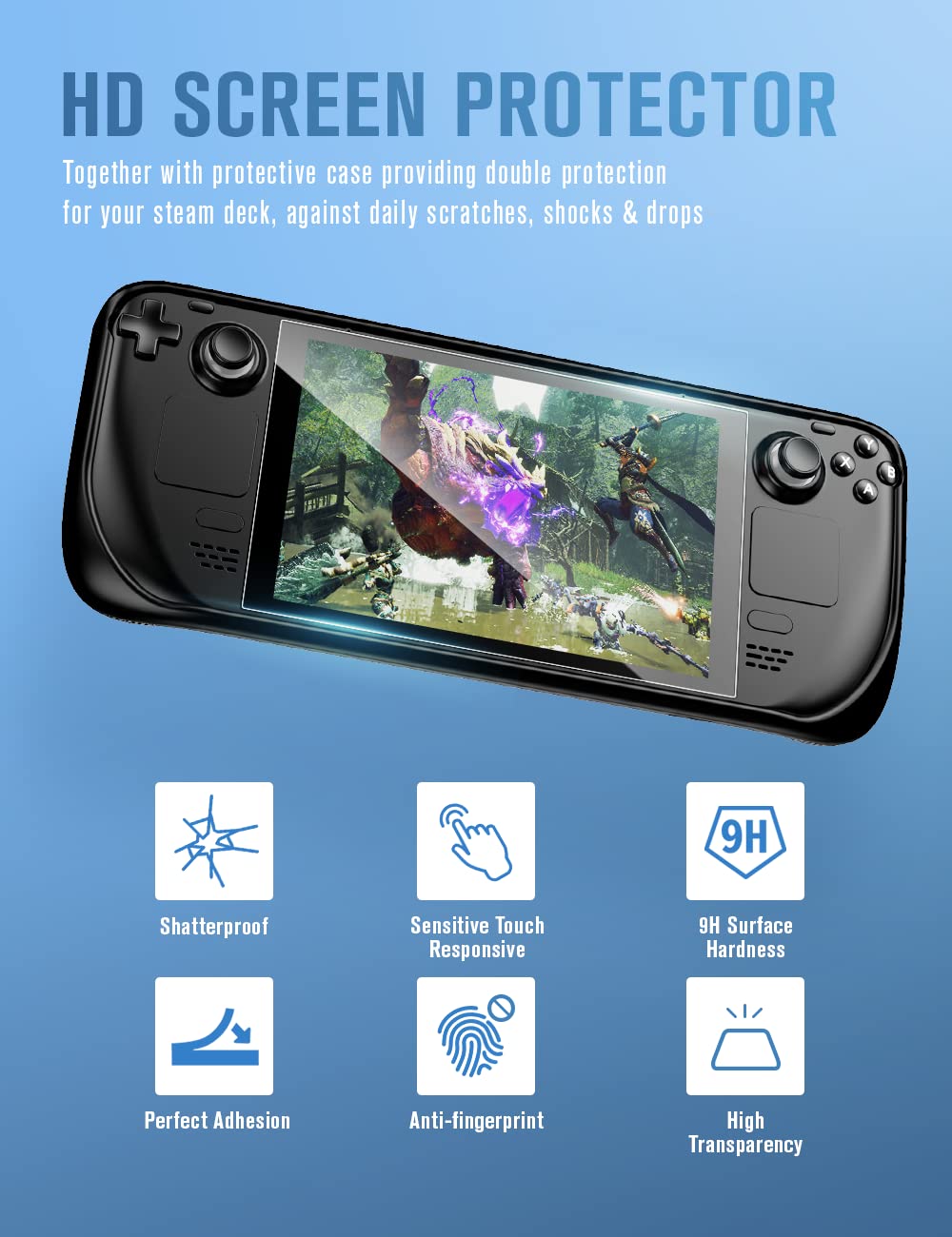 Protective Case for Steam Deck with 2-Pack Screen Protector, TOPVELO TPU Protective Cover Case with Anti-drop, Anti-slip Design, 9H Tempered Glass Film Easy Installation/Anti-Scratch ¨C Black