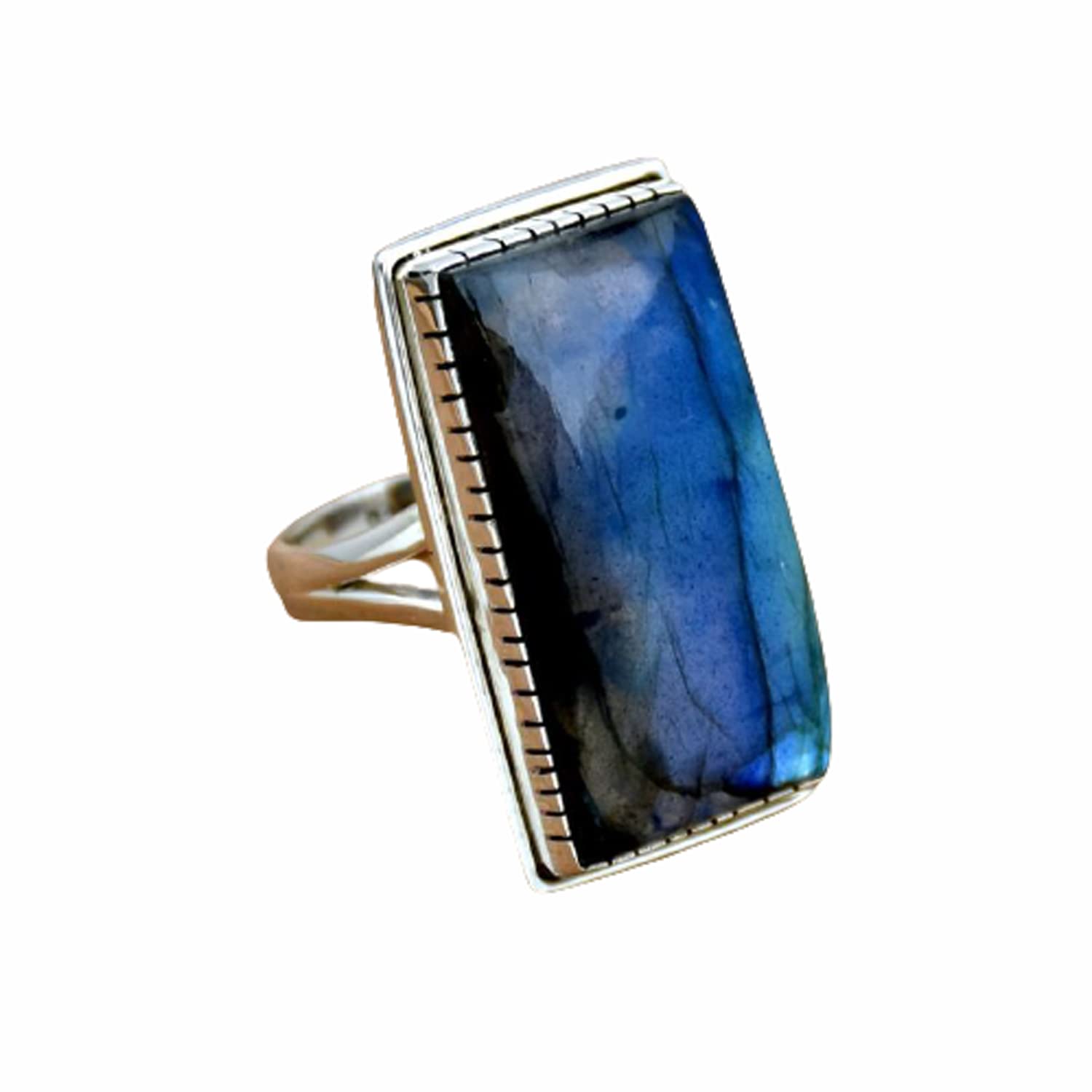 Natural Blue Labradorite Ring, 925 Sterling Silver Ring, Handmade Ring, Baguette Stone Ring,Labradorite Antique Ring, Ready to Ship (8.5)