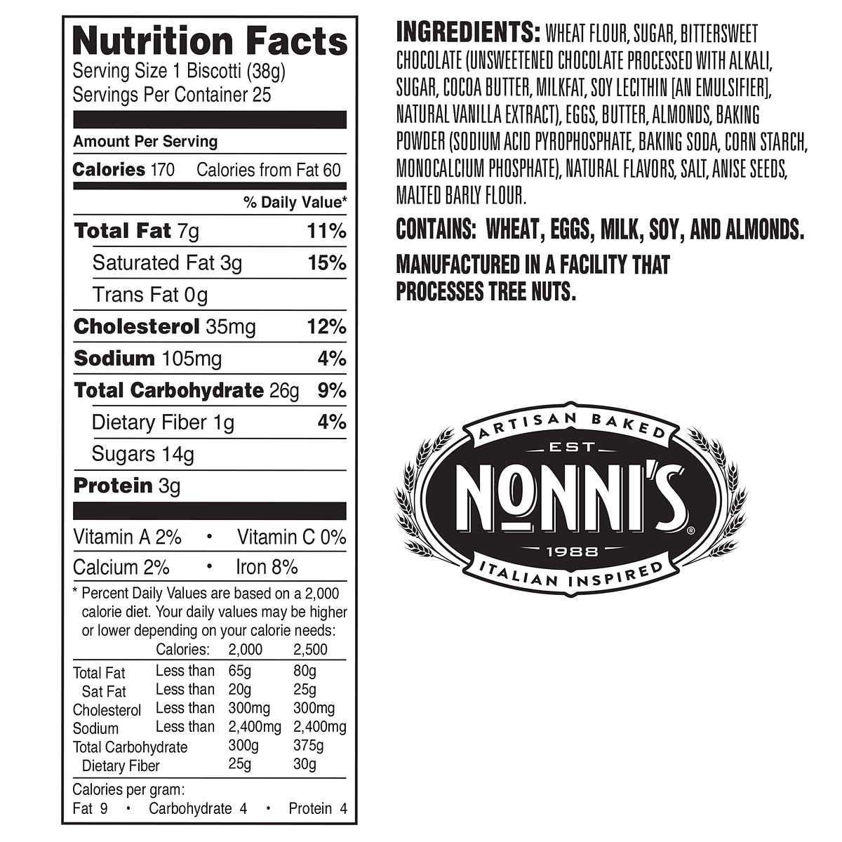 Nonni's Biscotti, Almond Dark Chocolate, 1.33 oz, 25-count