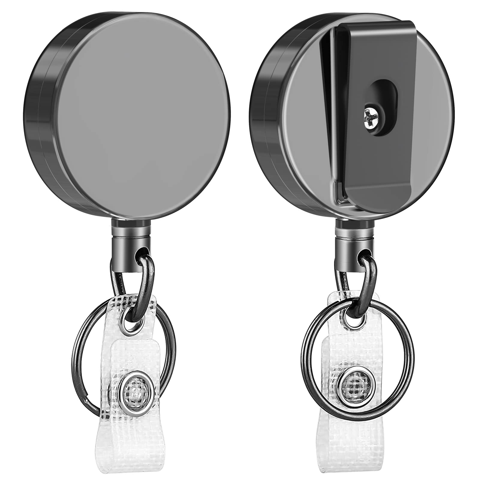 KTRIO 2 Pack Retractable Badge Holders Reel, Heavy Duty Badge Reels Retractable with Belt Clip, Metal Badge Holder Retractable Clip with Steel Wire Cord, Max Loading Weight 5.3oz(Silver)