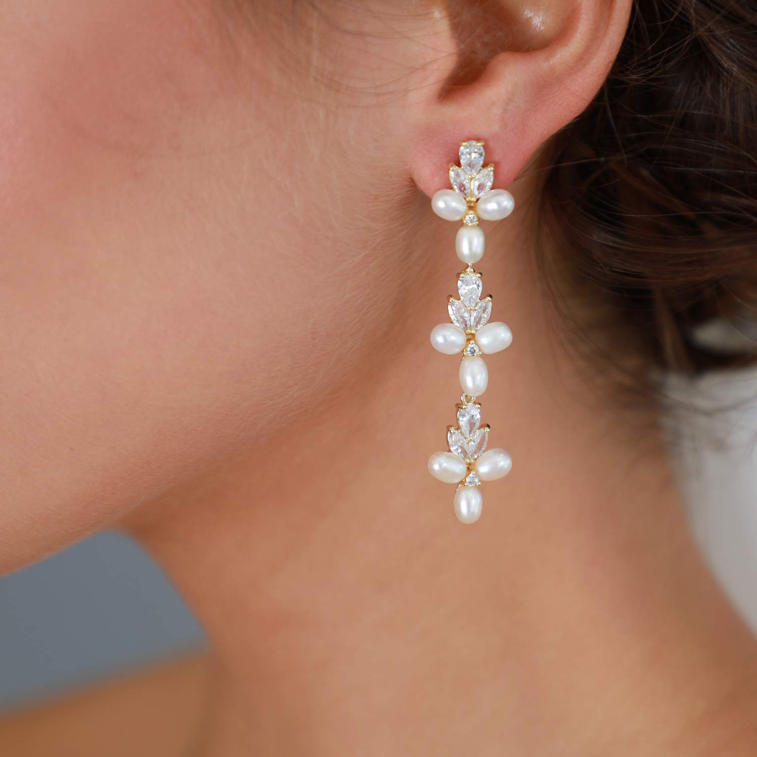 Mariell Freshwater Pearl Gold Dangle Bridal and Wedding Earring with Cubic Zirconia Crystal, Prom Jewelry