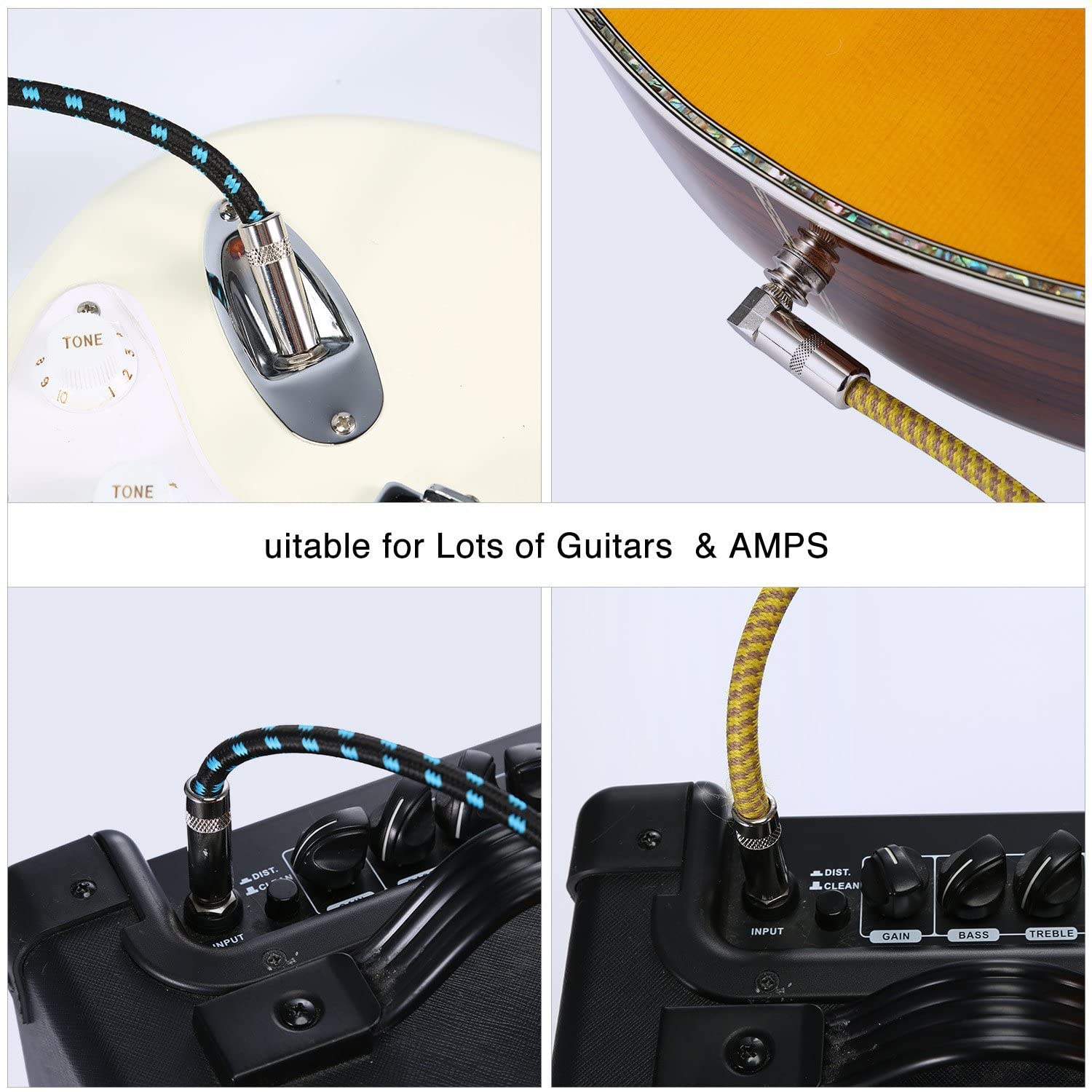 SDYQD Guitar Cable 10 ft - 1/4 Inch Right Angle Gold Instrument Cable - Professional Quality Electric Guitar Cord and Amp Cable - Electric Instrument Cable Pro Audio