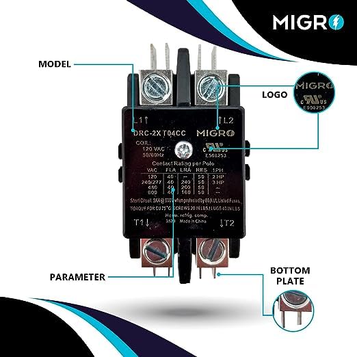 Migro 40 Amp 2 Pole NEMA 600V HVAC Heavy Duty Definite Purpose Contactor β 24V Coil, Motor Load 40A and Lighting Load 50A