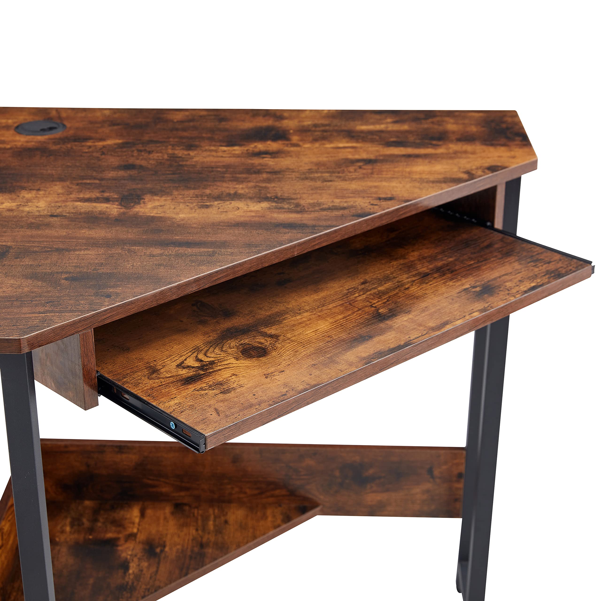 LiviNest Triangle Corner Desk - Smooth Keyboard Tray Storage Shelves Computer Corner Furniture - Home Office Laptop PC Writing Study Tables for Small Workstation Living Room Bedroom Brown