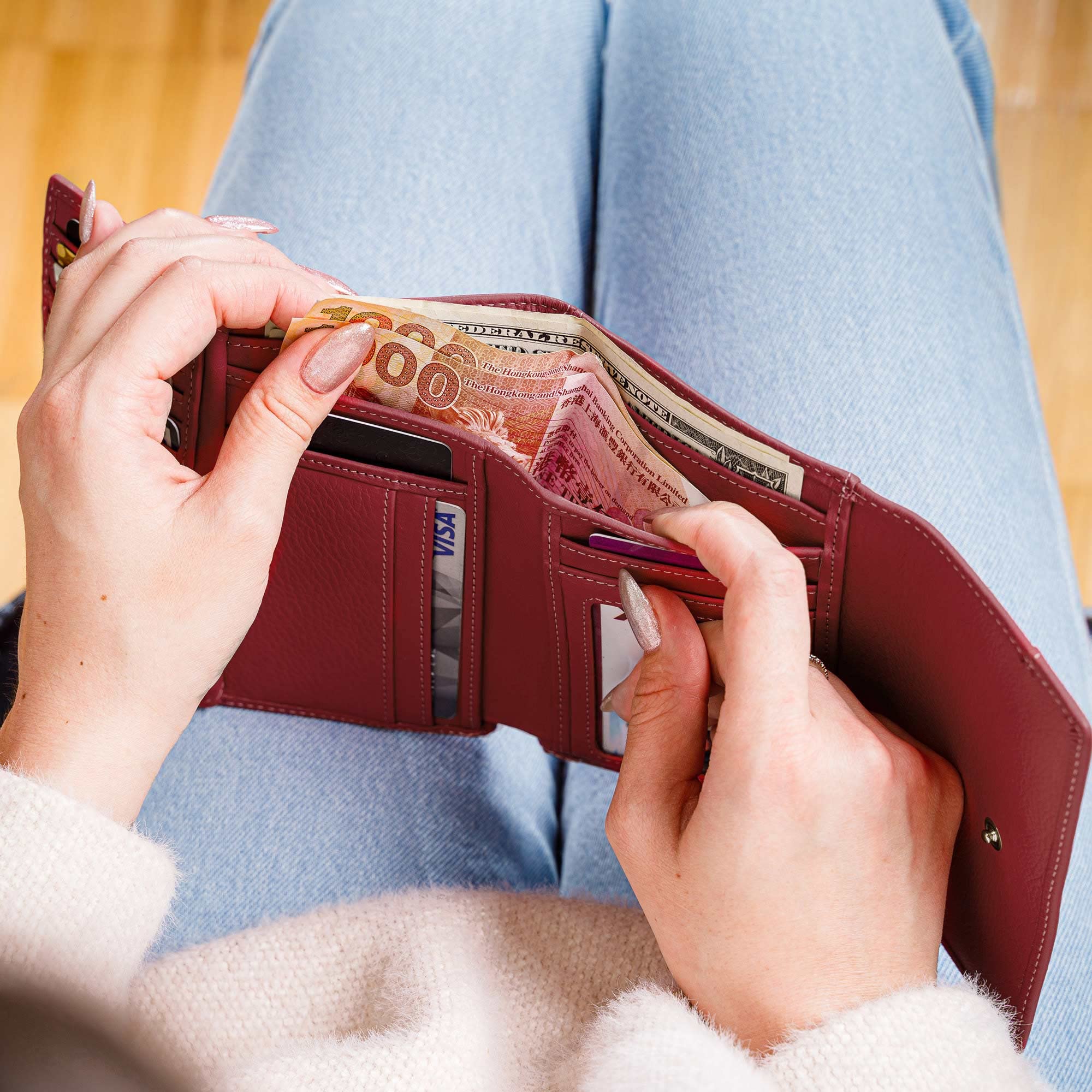 Leather Clutch Wallets for Women - RFID Blocking Slim Wallet in Red