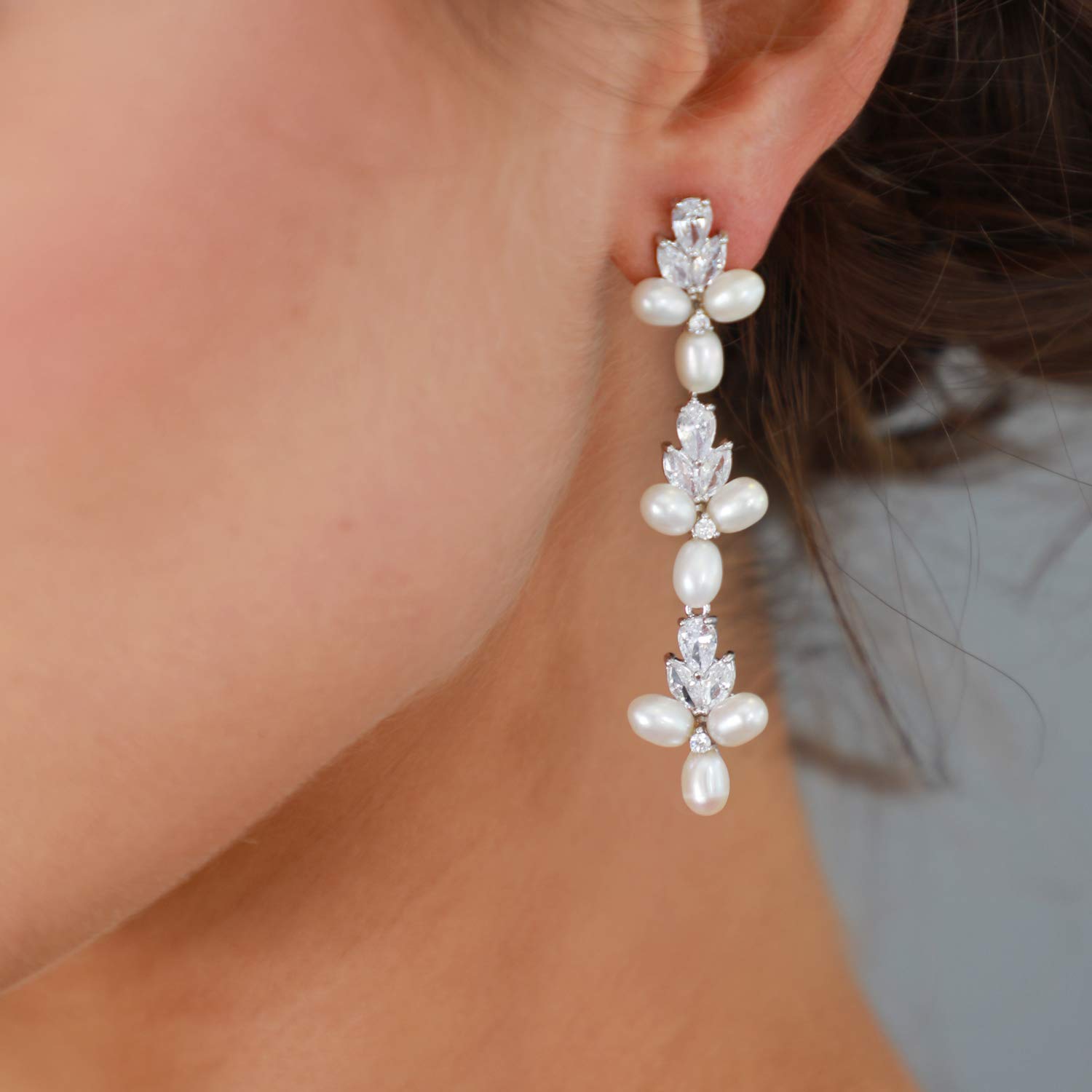 Mariell Freshwater Pearl Dangle Bridal and Wedding Earring with Cubic Zirconia Crystal, Prom Jewelry Gift