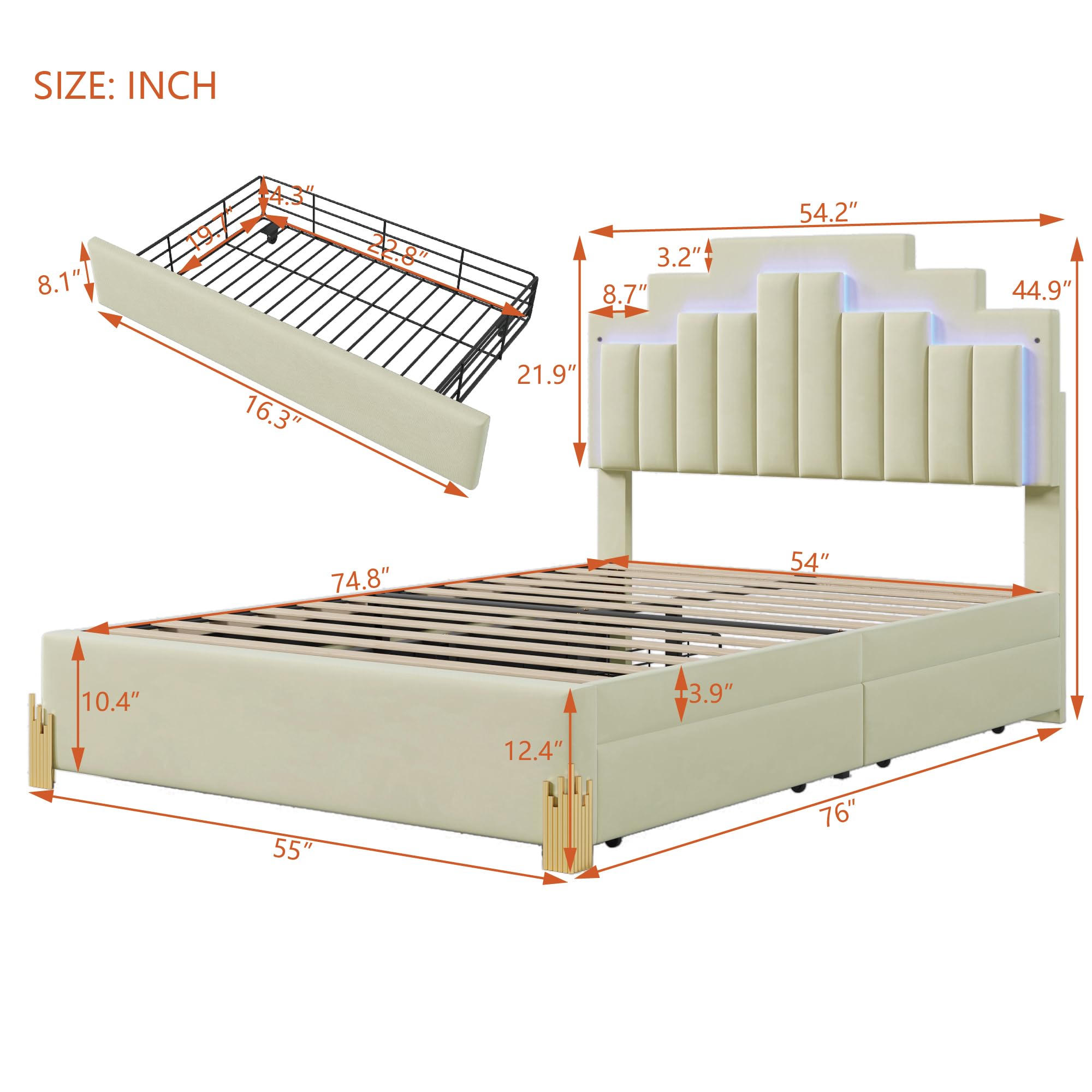 JIVOIT Full Size Upholstered Platform Bed with 4 Drawers, Modern LED Light Platform Bed Frame, Stylish Irregular Metal Bed Legs Design, Upholstered Storage Bed for Kids Teens (Beige,Full,Metal Legs)