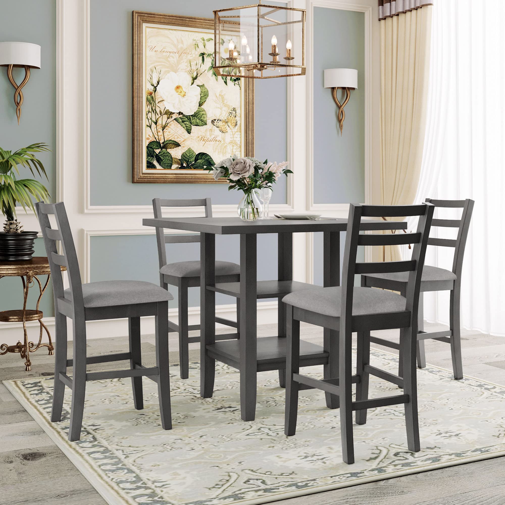 KoiHome 7-Piece Retro Extendable 6 Upholstered Chairs with Seat Cushion, Wood Kitchen Table Set for Dining Room, Restaurant, Distressed Finish, Set of 6 (Brown+White)