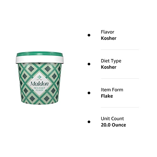 Maldon Salt, Sea Salt Flakes, 20 oz (570 g), Resealable Tub, Kosher, Natural, Handcrafted, Gourmet, Pyramid Crystals