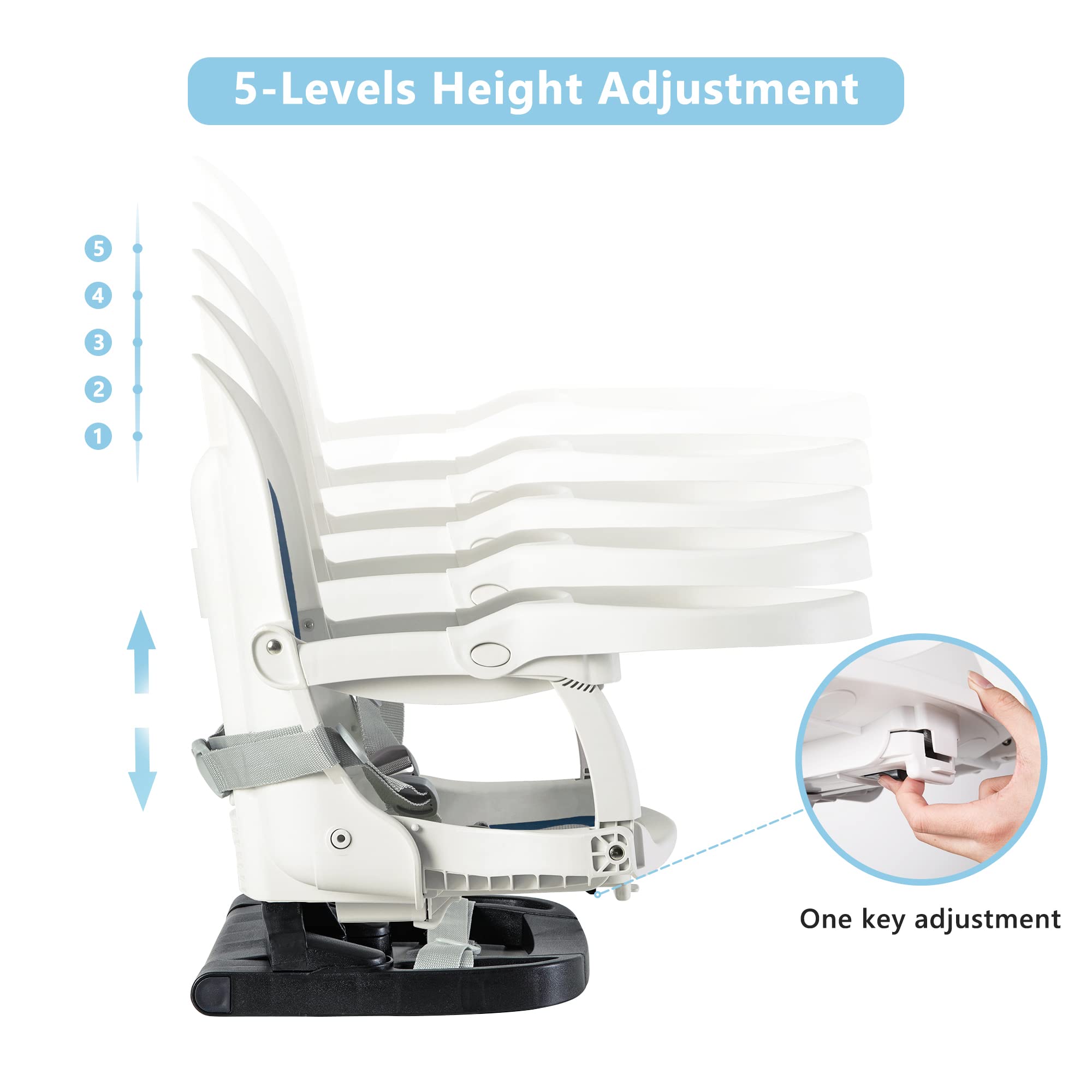 TILLYOU Foldable Baby with Removable Tray, Portable High Chair for Dining Table, Traveling, Adjustable 5-Position Height Baby Chair, Deep Blue