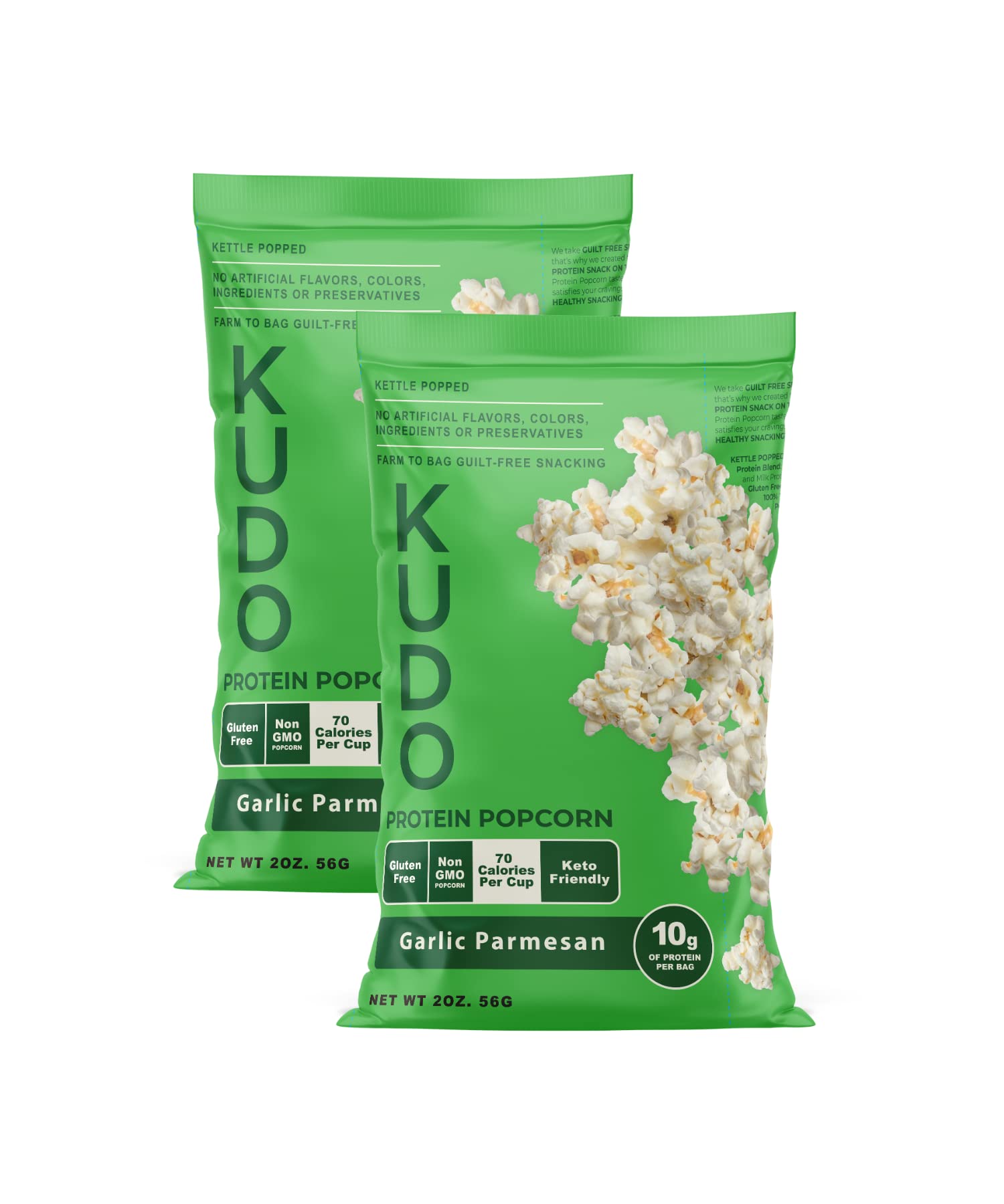 Kudo Kettle-Popped Protein Popcorn | Nothing Artificial | Guilt-Free Snacking | 10g Protein per Bag | 70 Cal per Cup | Gluten Free | Non-GMO | Keto Friendly | Garlic Parmesan 2 Pack