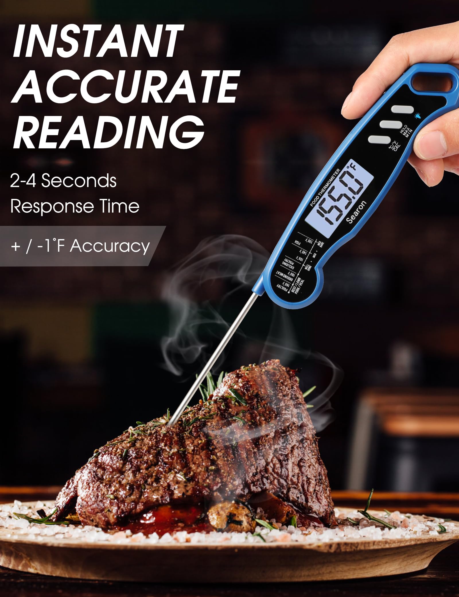 Searon Meat Thermometer,Calibration Feature Digital Food Thermometer with Instant Read Out,Backlight and Waterproof,Kitchen Thermometer for BBQ Grilling, Smoker, Baking Turkey