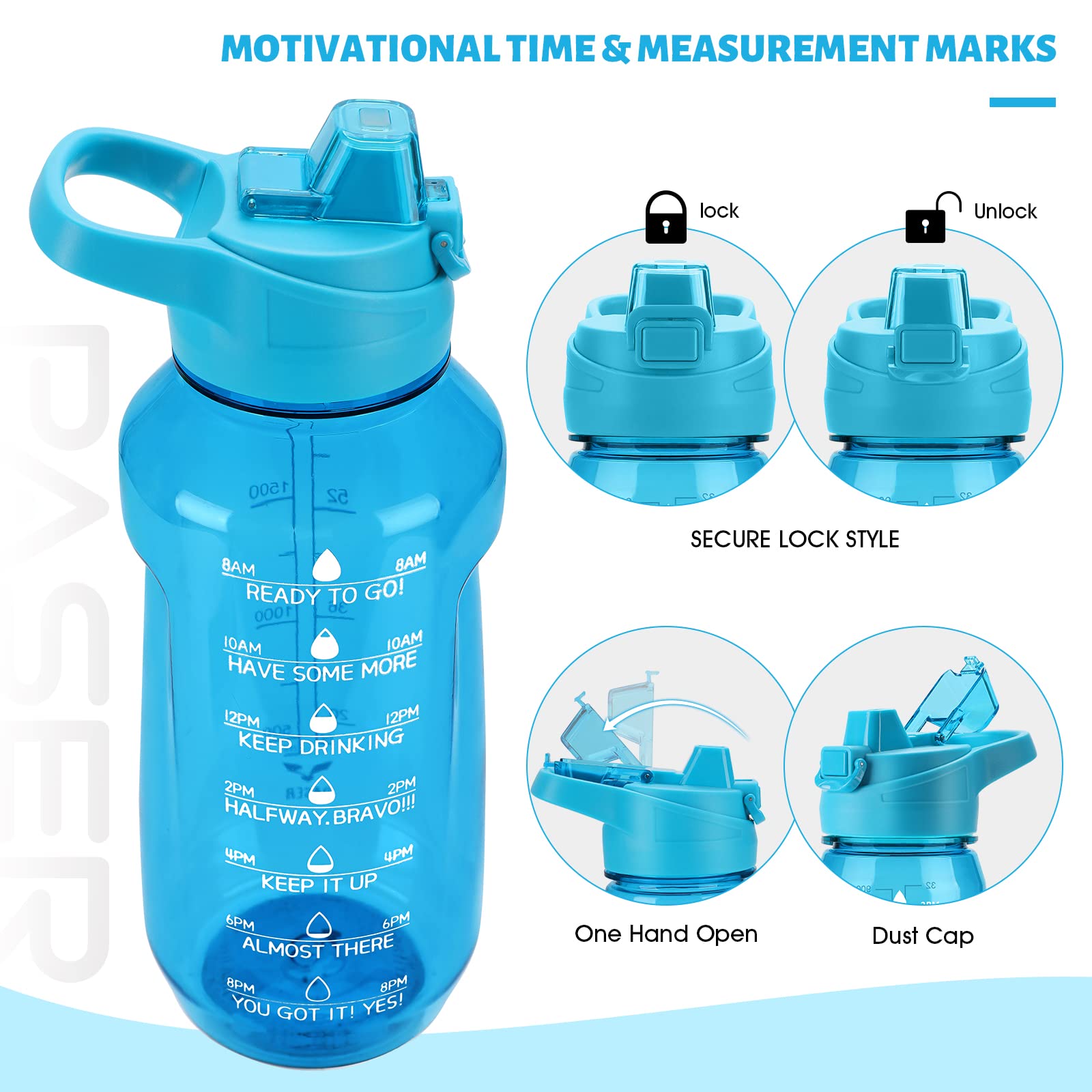 PASER 64oz/Half Gallon Water Bottle with Handle,Motivational Water Jug with Time Marker,Turquoise
