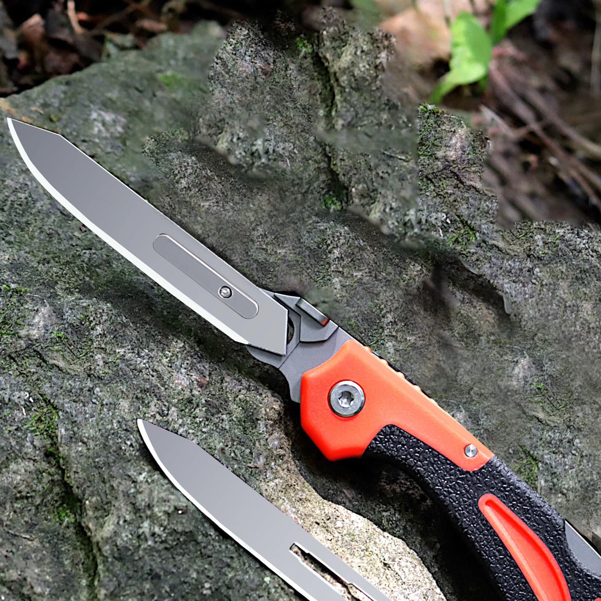 Lancergear Hunting Knife Skinning Knife Pocket Foldable with 15 Extra Replaceable Sharp Blades, Safe and Fast Disassembly in 1 Second with Single Hand