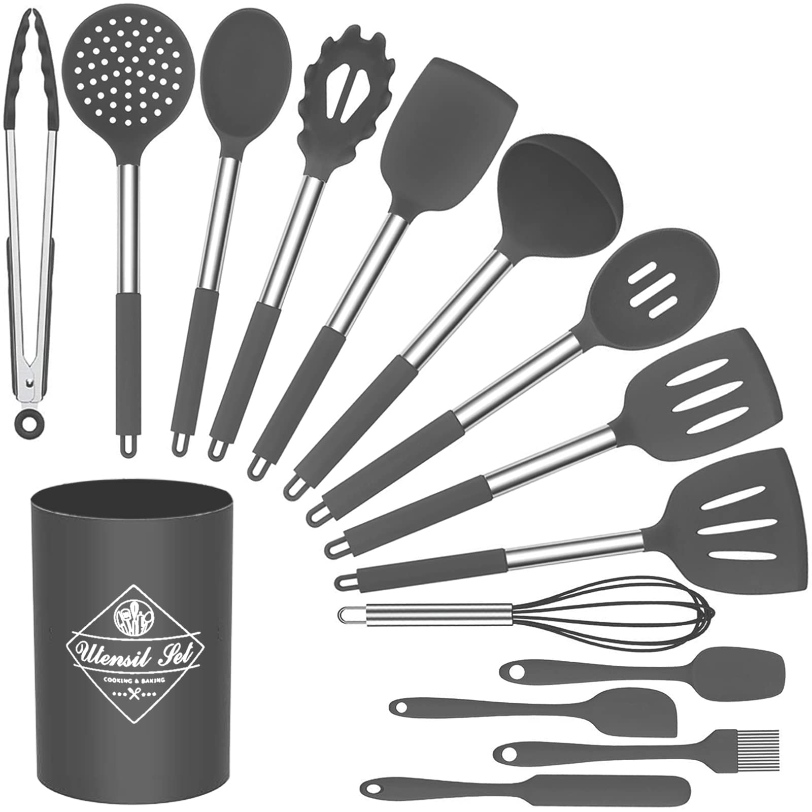 Kitchen Utensils Set, 15 Pcs Silicone Cooking Utensil Set with Stainless Steel Handle, Non-stick Heat Resistant Food Grade Silicone Cookware with Holder, Stylish Kitchen Spatulas Set (Grey)